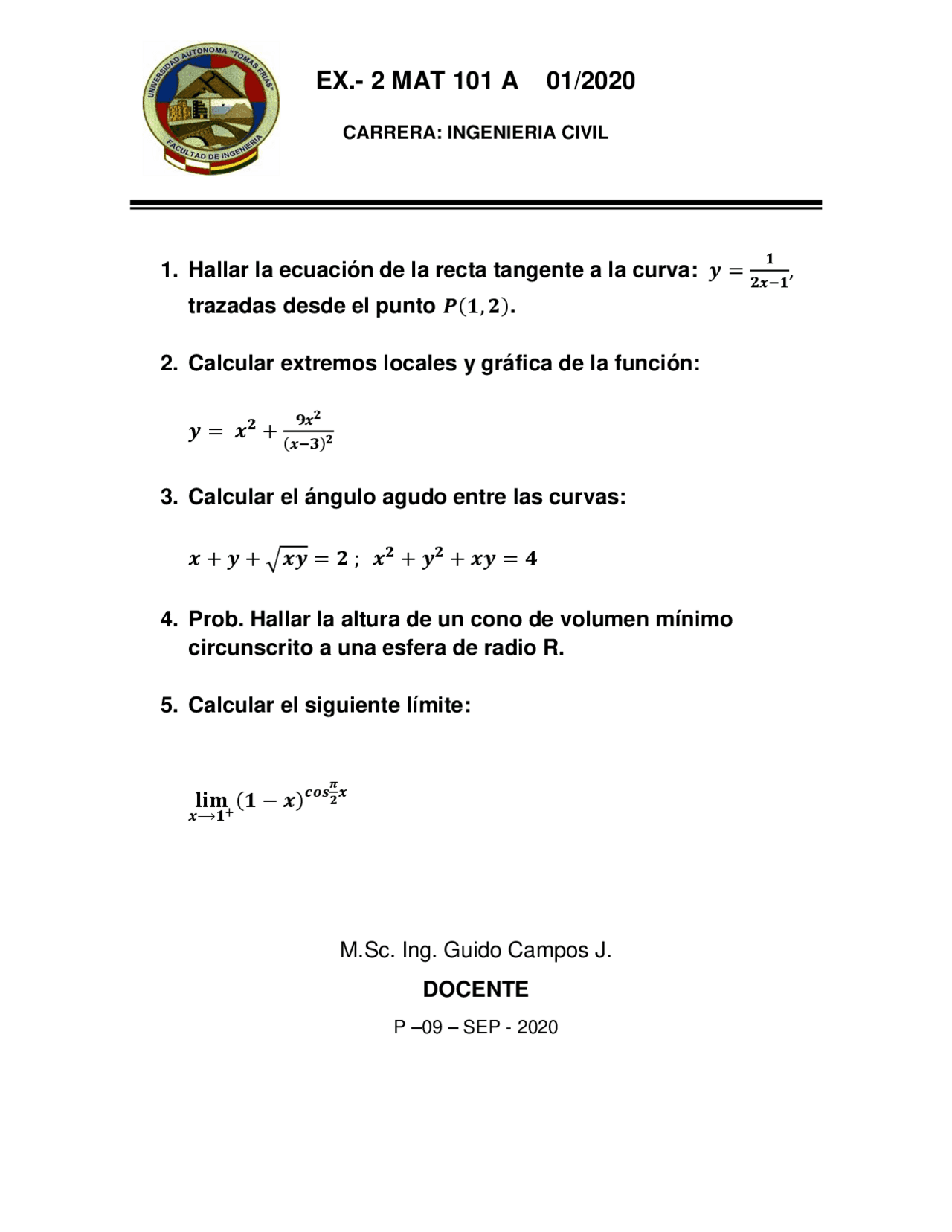 Ejercicios de Cálculo Diferencial e Integral | Exámenes de Álgebra | Docsity