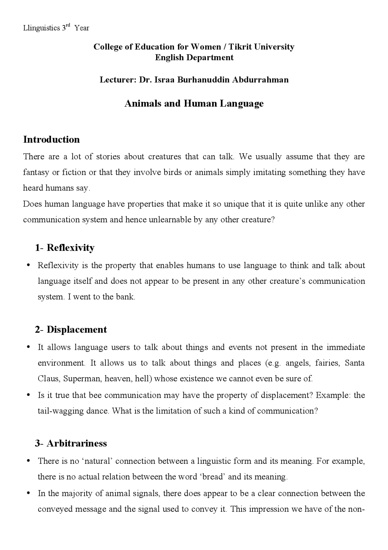 Animals and Human Language Introduction 1- Reflexivity 2 | Apuntes ...
