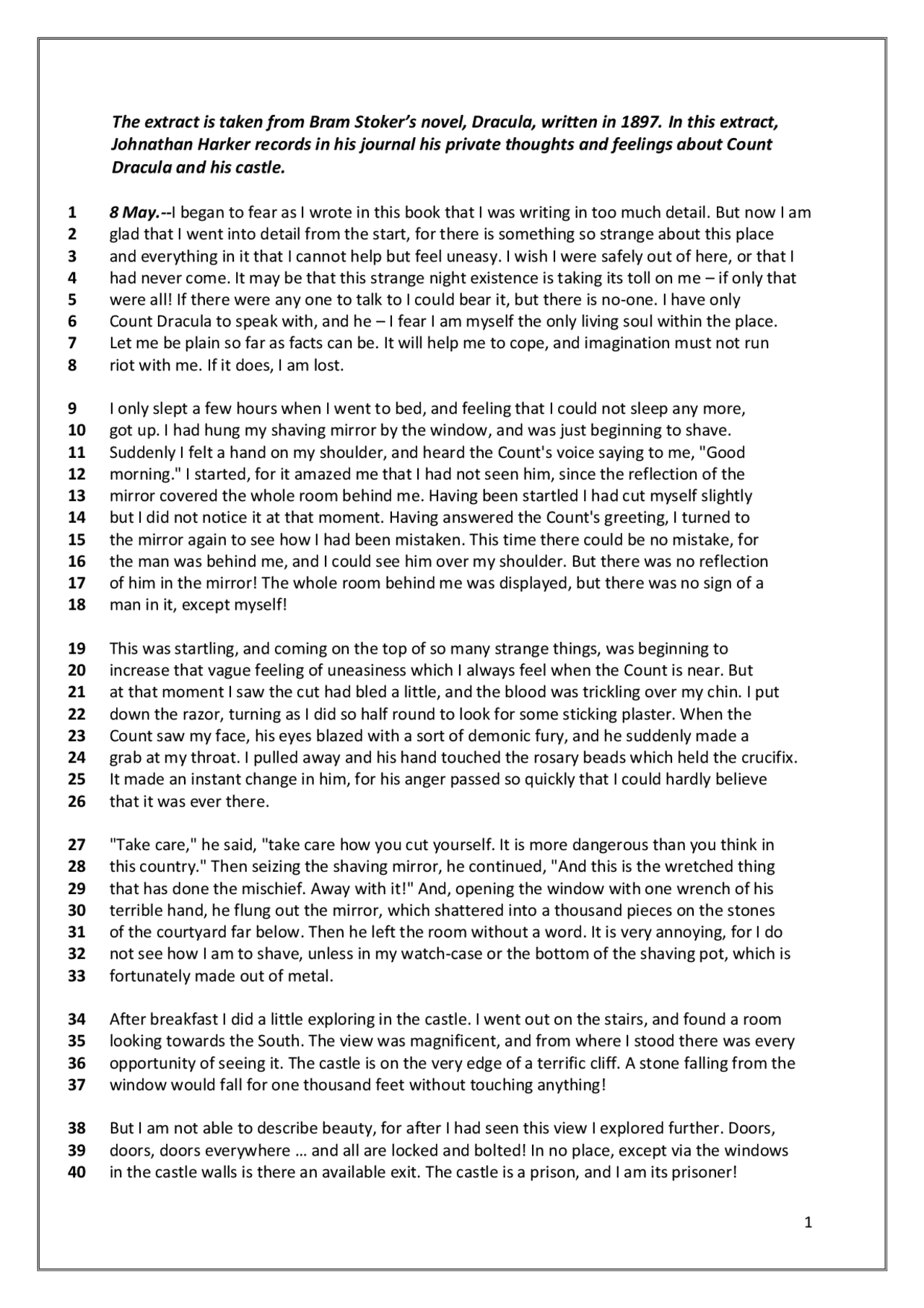 The extract is taken from Bram Stoker's novel, Dracula, written ...