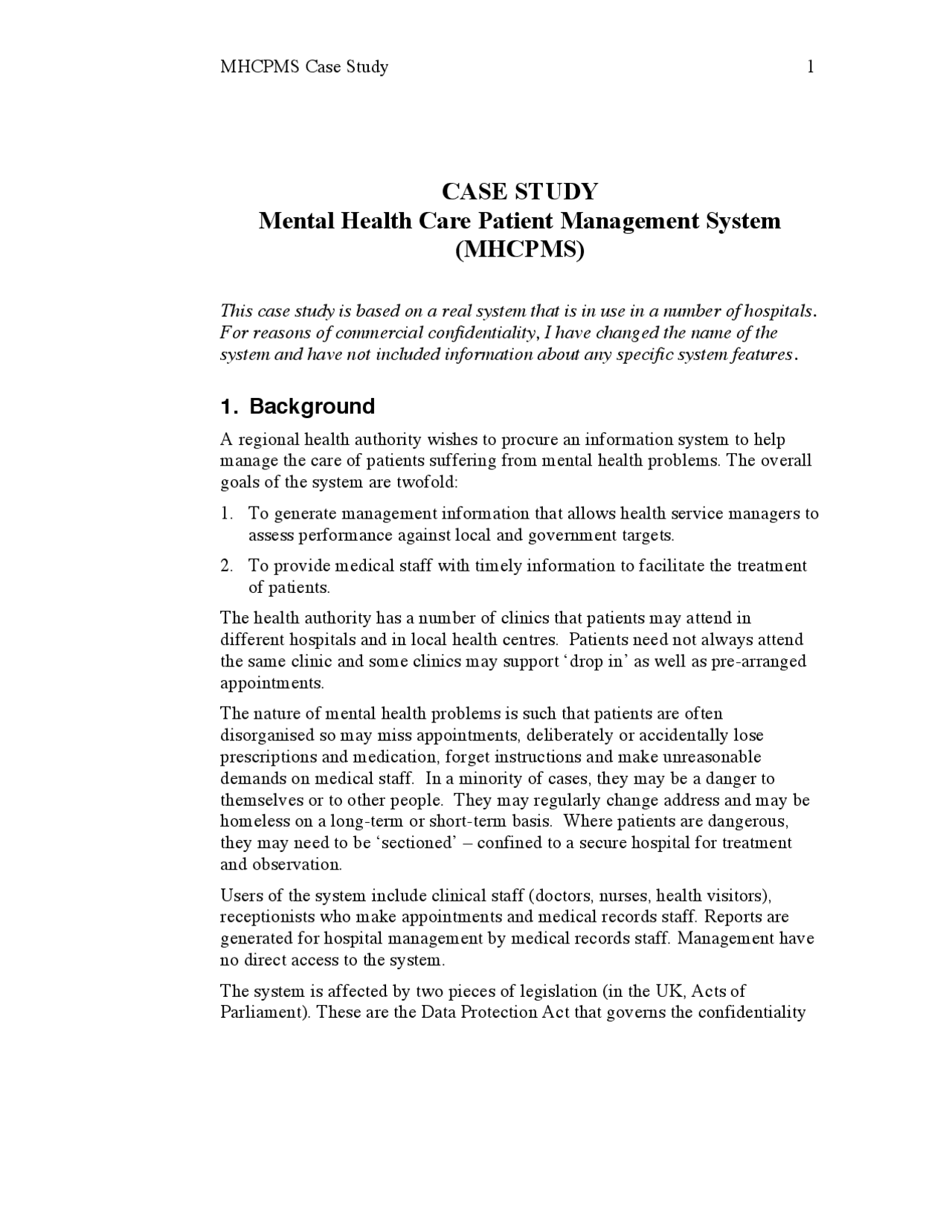 CASE STUDY Mental Health Care Patient Management ... | Study notes ...