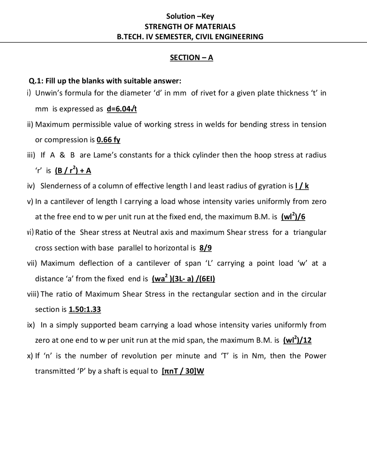 Solution Key Strength Of Materials Btech Iv Lecture Notes