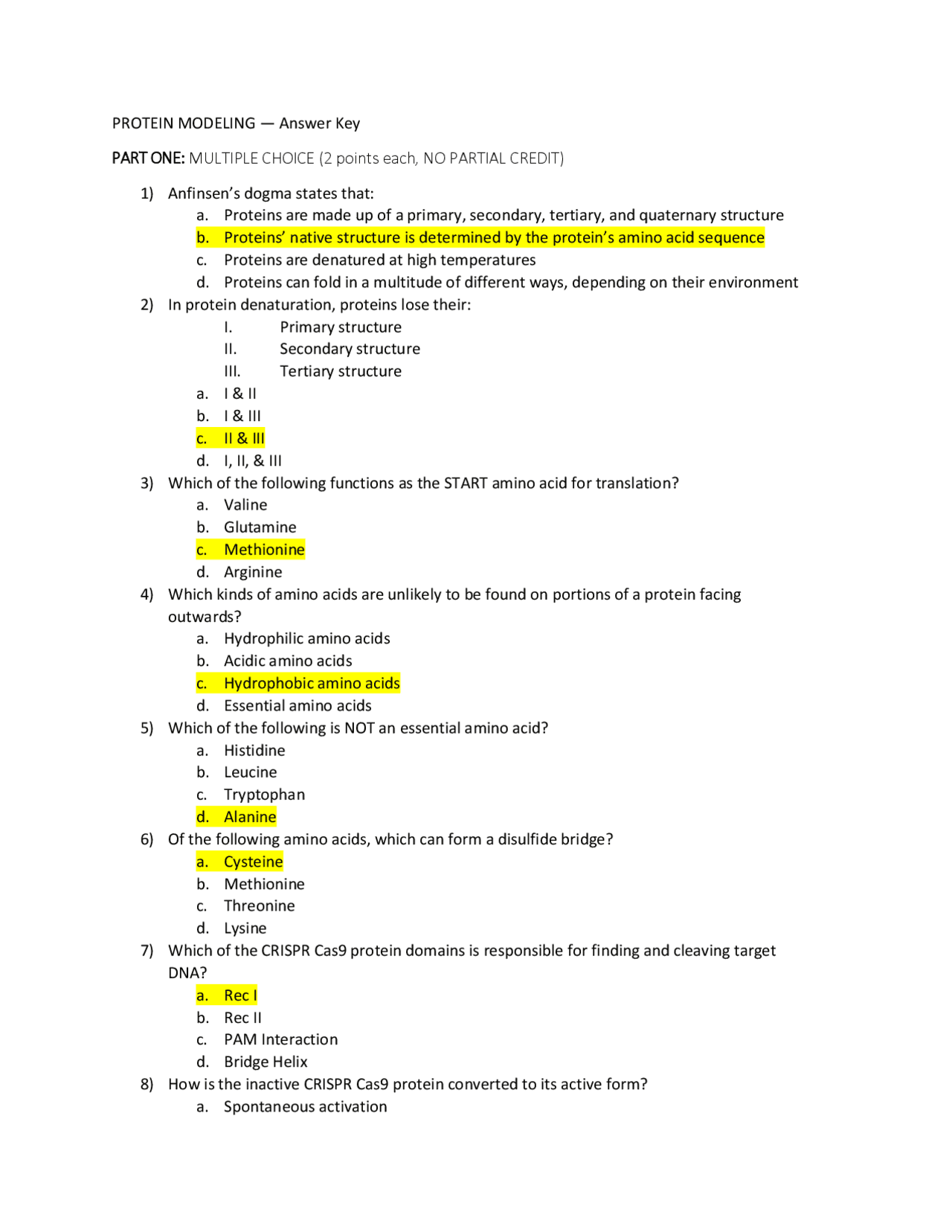Protein Modeling Answers Key: Multiple Choice and Short Answer ...