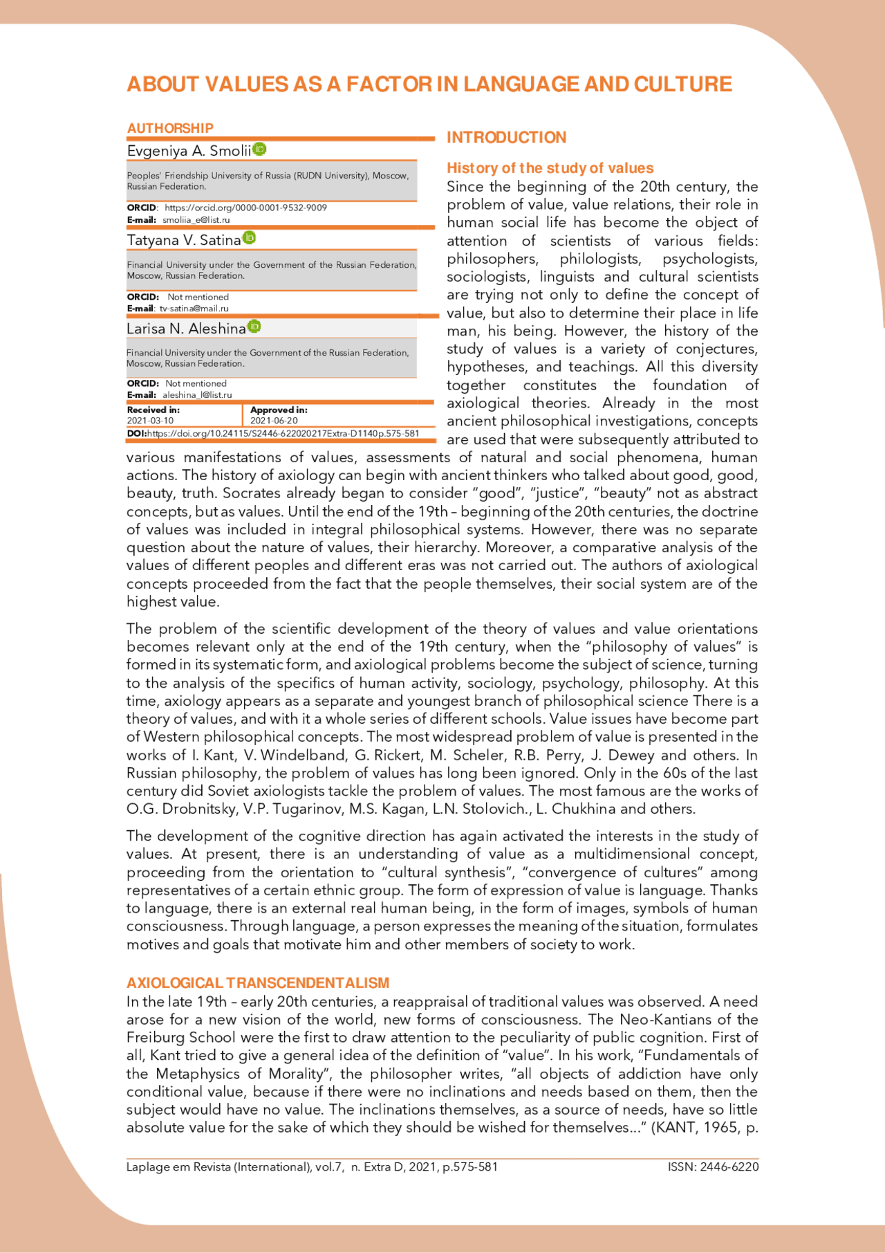 Values as a Factor in Language and Culture: Philosophical and ...