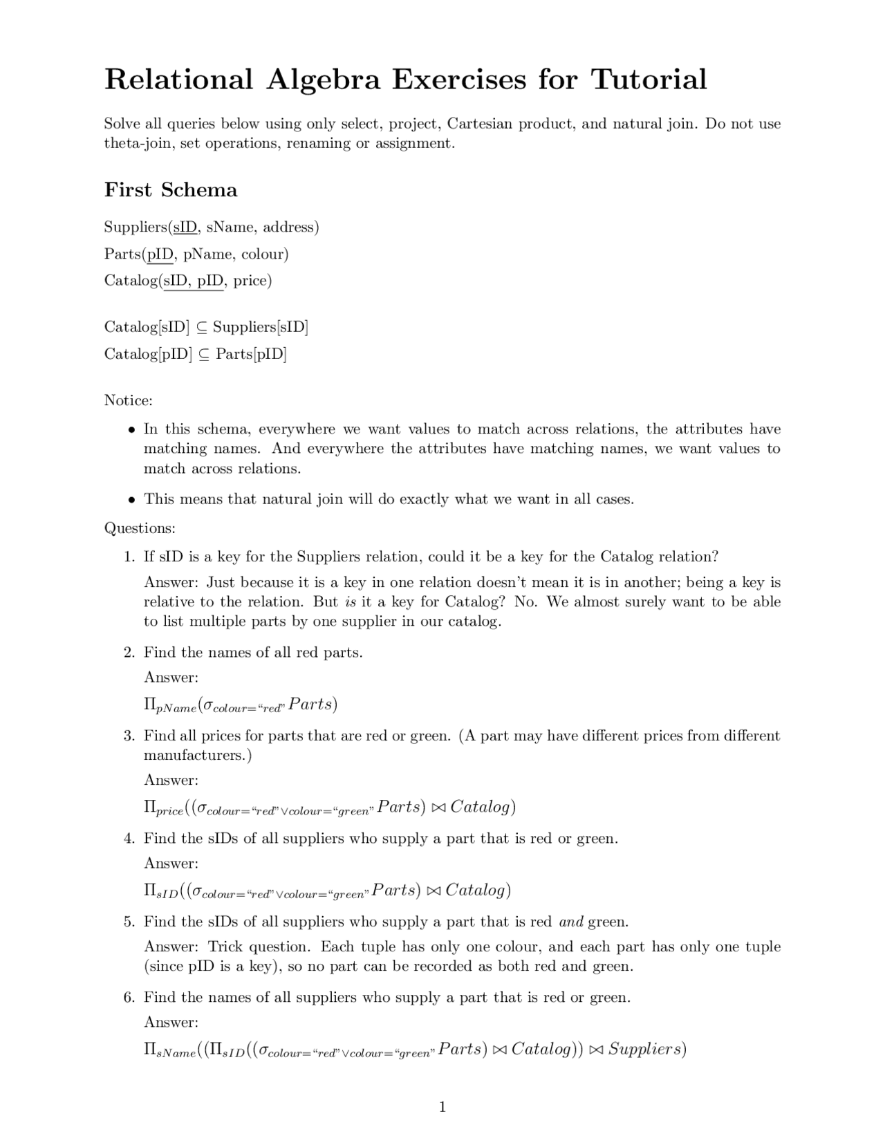 Relational Algebra Exercises for Tutorial | Study notes Algebra | Docsity