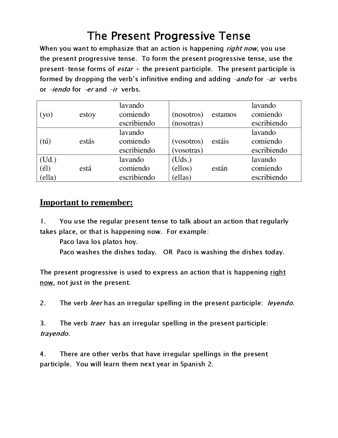 The Present Progressive Tense | Study notes Spanish | Docsity