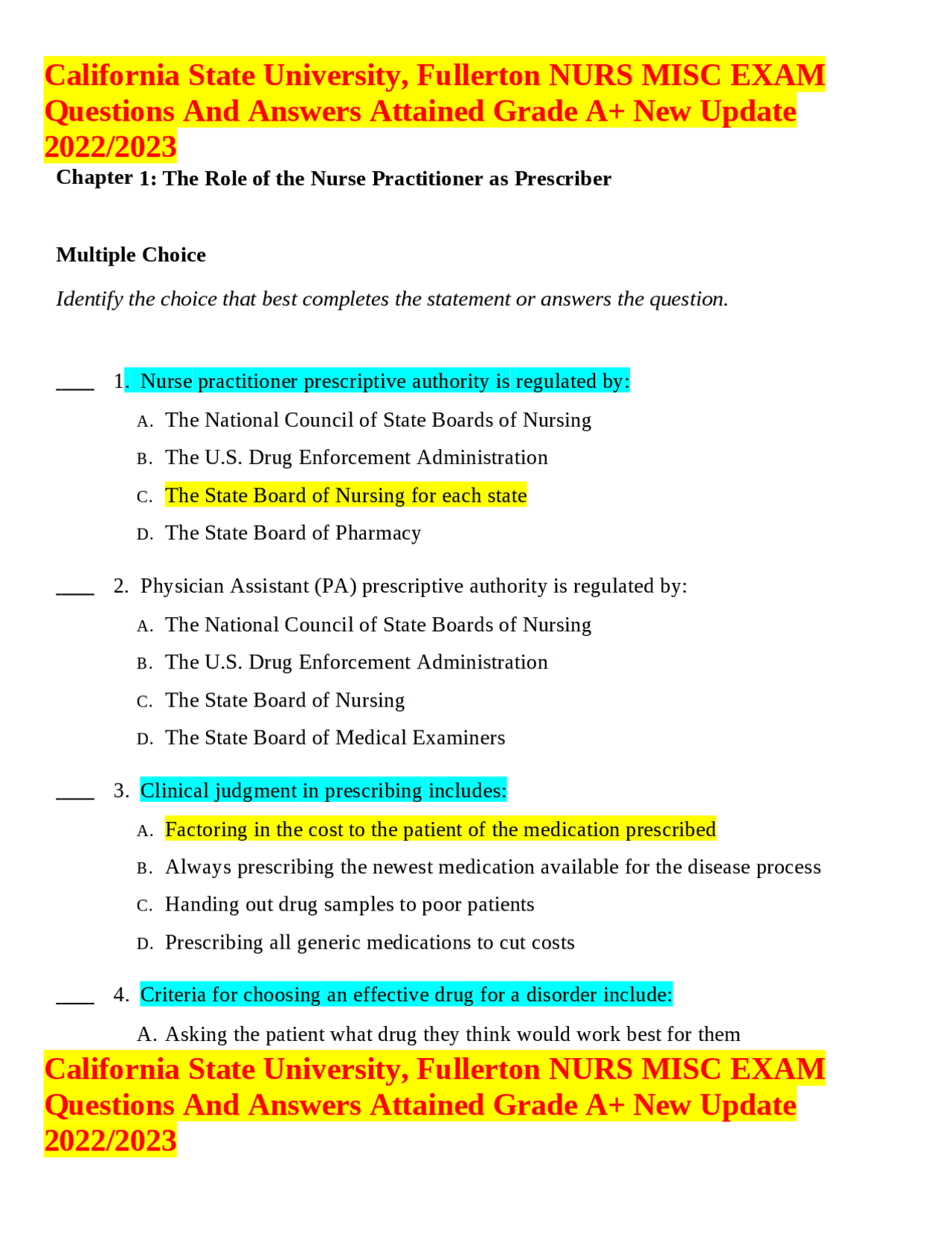 California State University, Fullerton NURS MISC EXAM Questions And ...