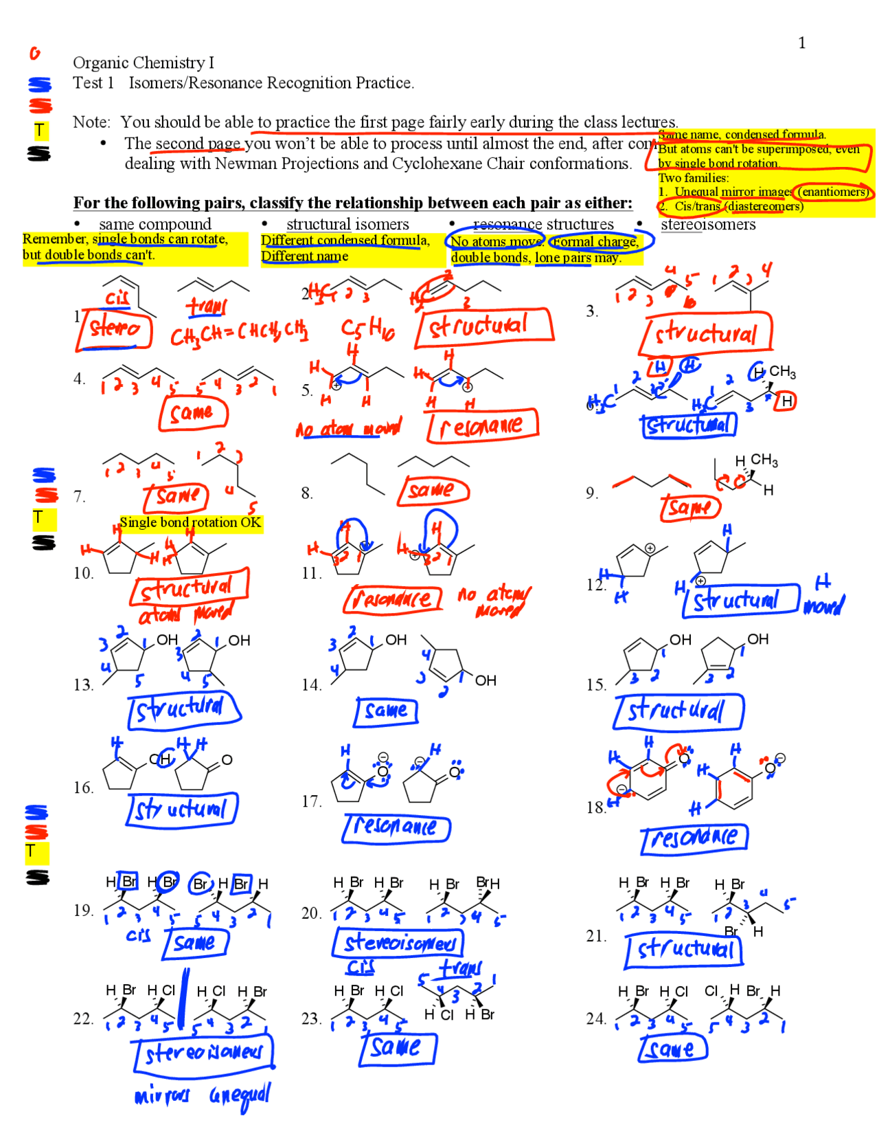 Test 1 Isomers Answerspdf Lecture Notes Organic Chemistry Docsity