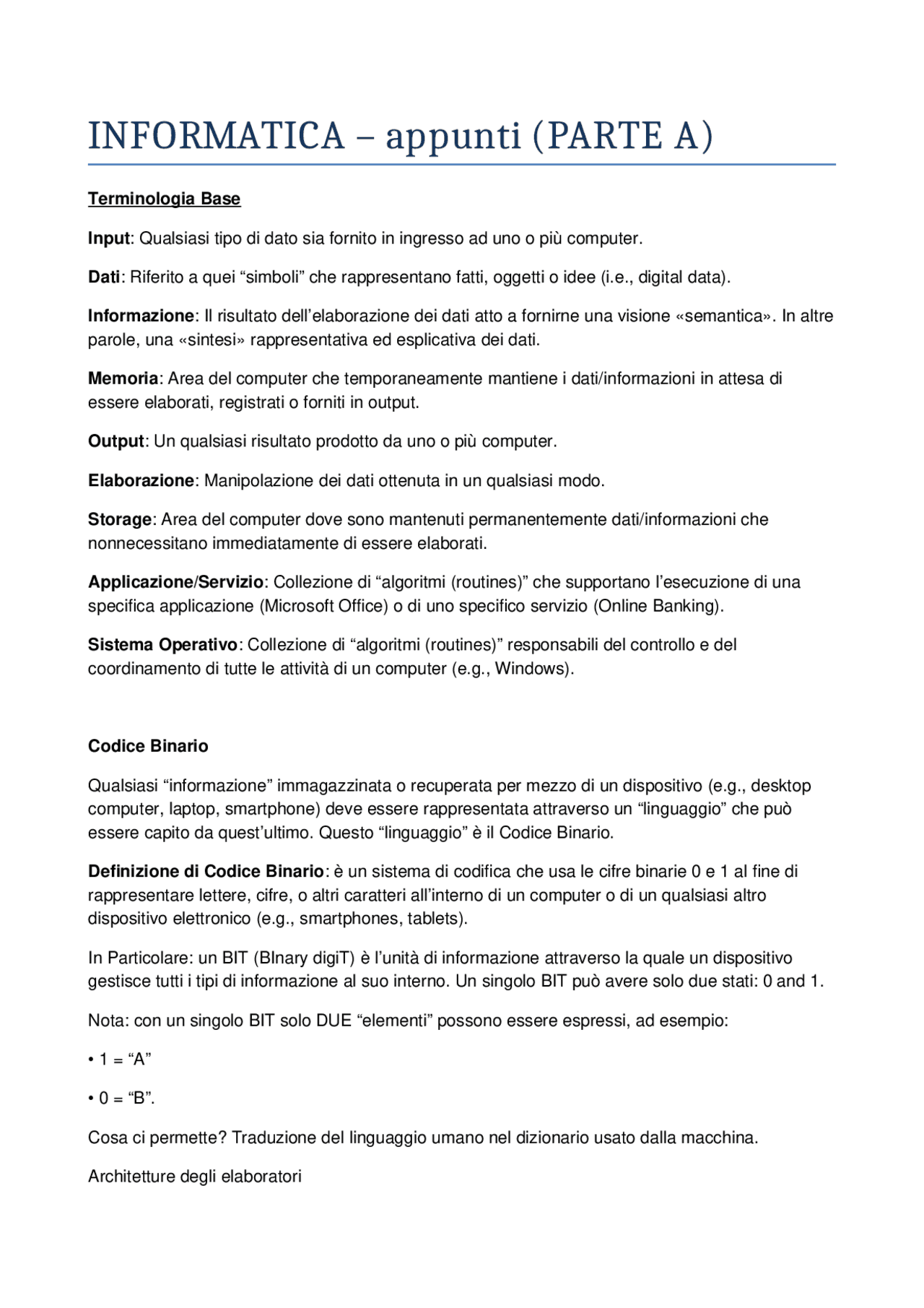 Parte A Esame Informatica Appunti Di Elementi Di Informatica Docsity