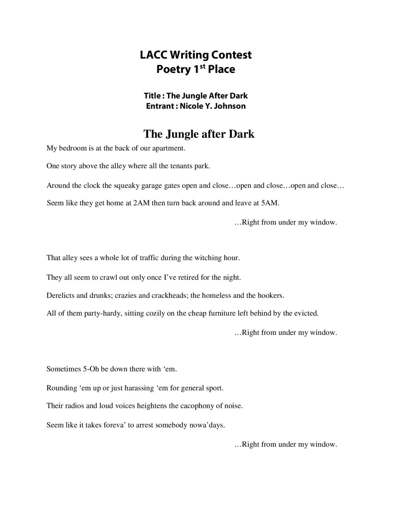 LACC Writing Contest Poetry 1st Place The Jungle after Dark | Schemes ...