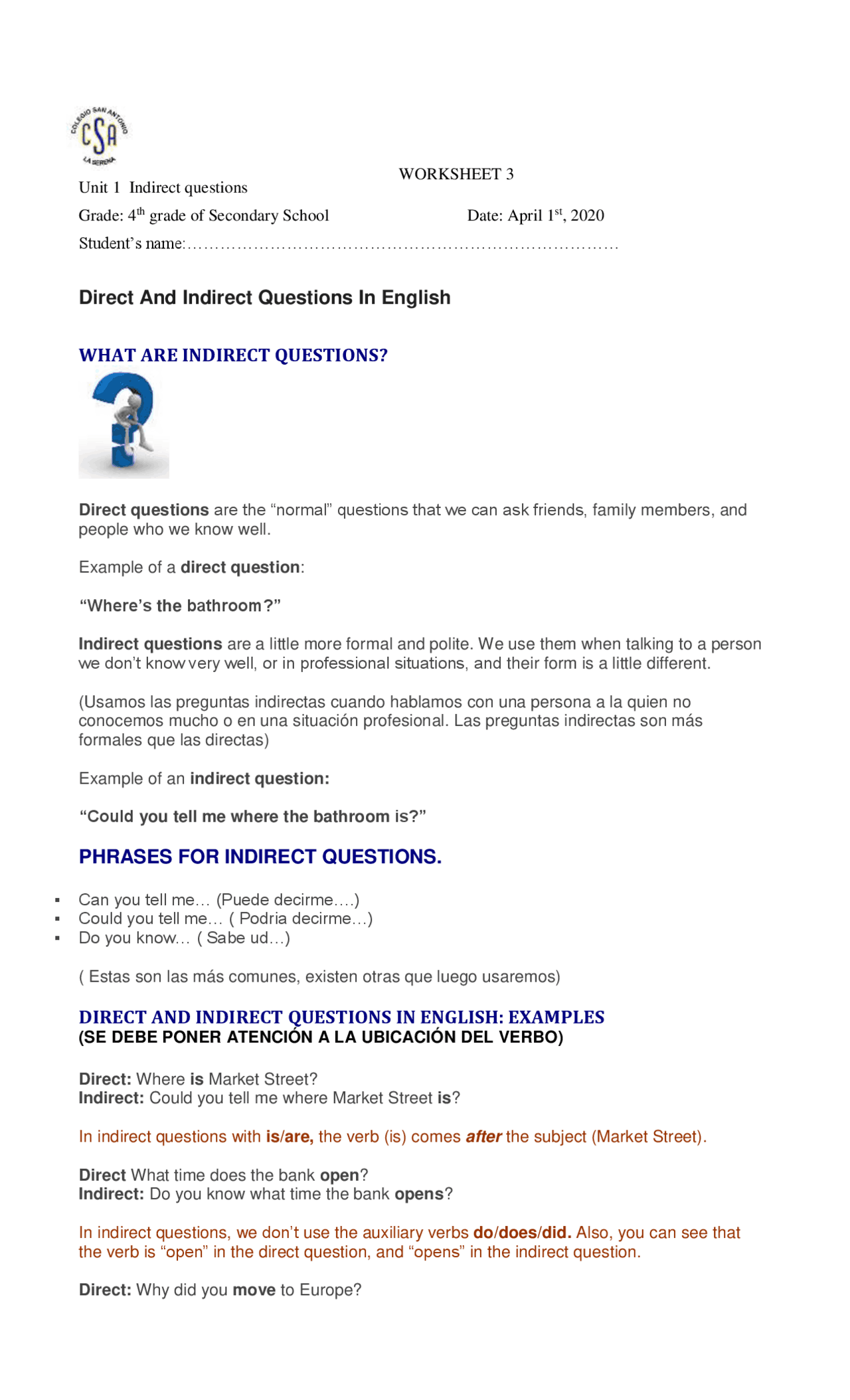 Direct And Indirect Questions In English Lecture Notes English Docsity