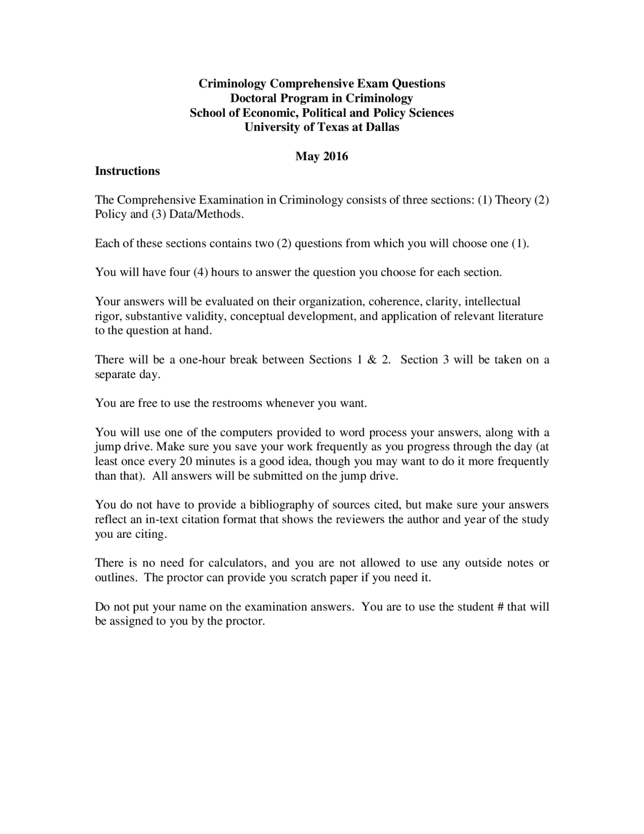 Criminology Comprehensive Exam Questions | Exams Criminology | Docsity