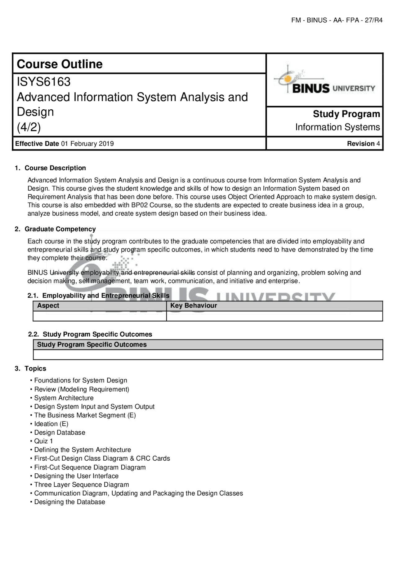 Course Outline Isys6163 Advanced Information System Lecture Notes