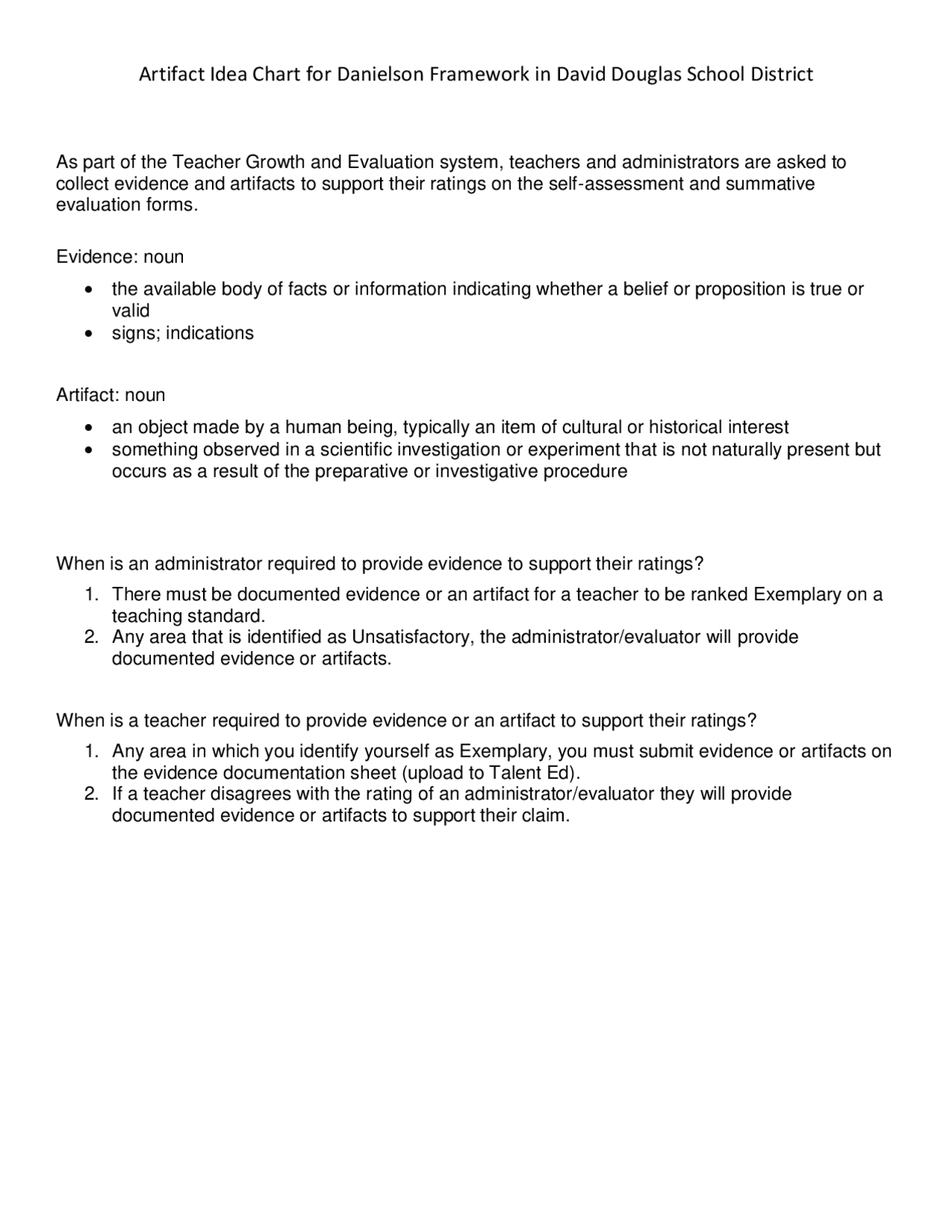 Artifact Idea Chart for Danielson Framework in David Douglas ...