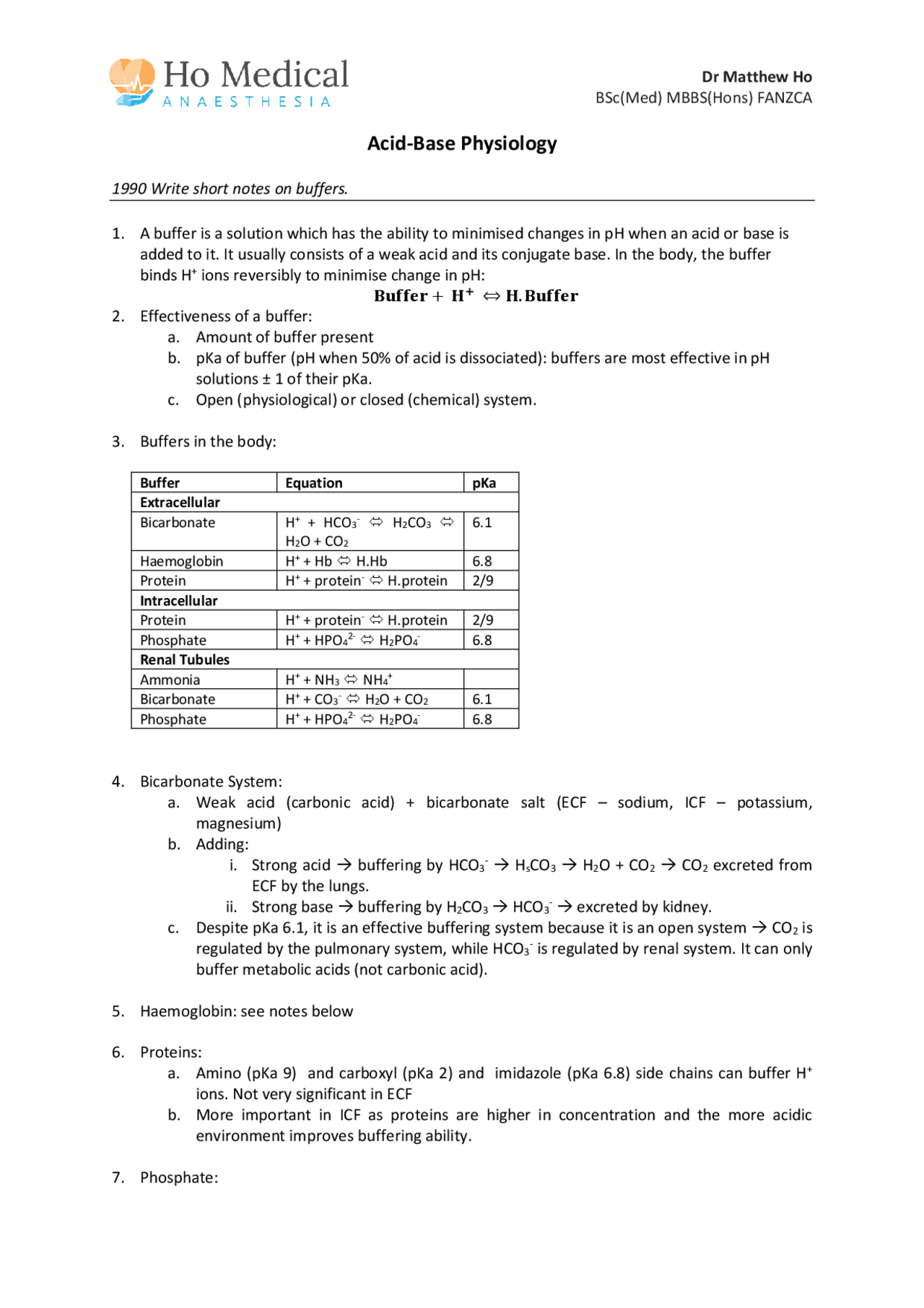 Acid-Base Physiology | Exams Physiology | Docsity