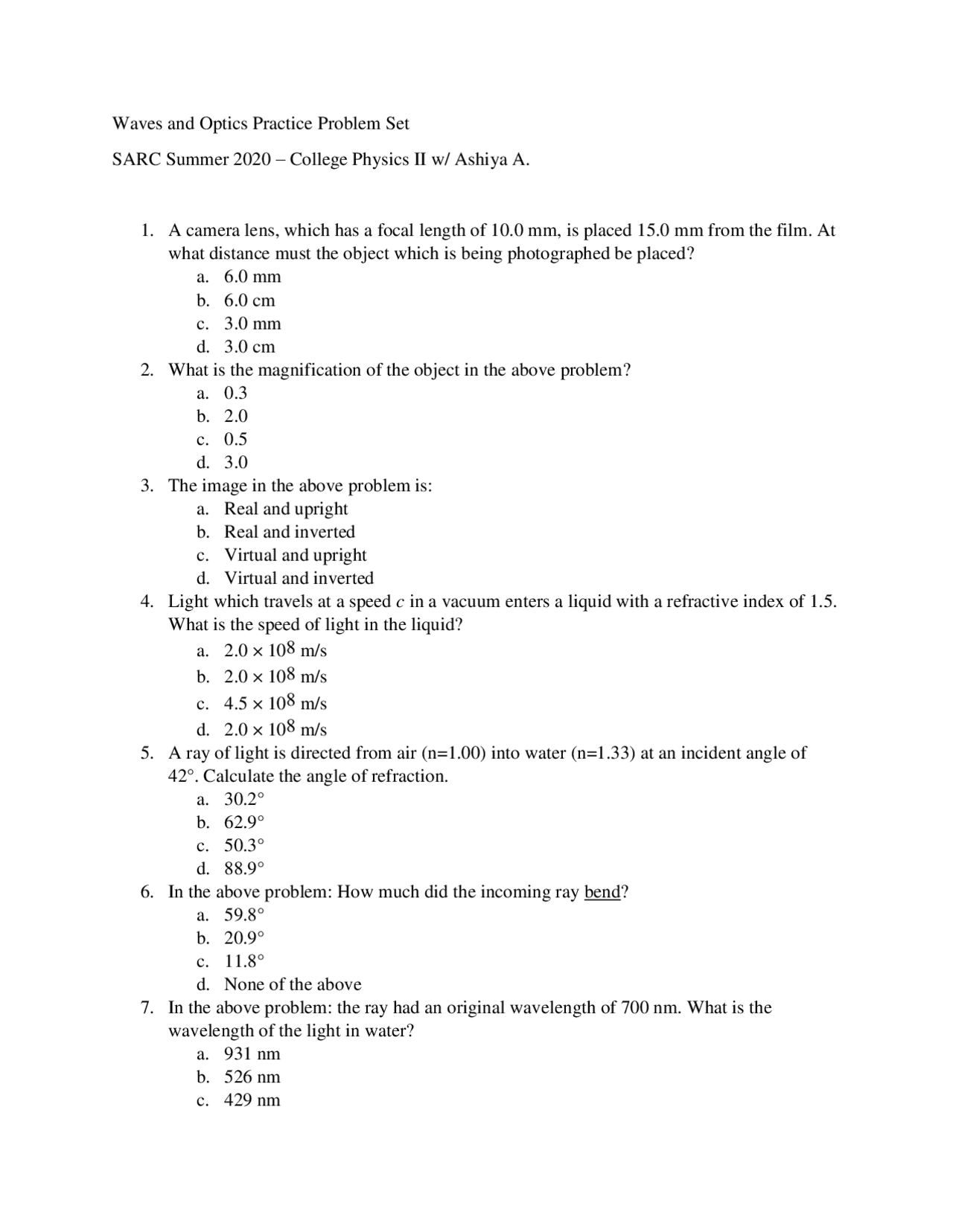 Waves and Optics Practice Problem Set SARC Summer 2020 | Study Guides ...
