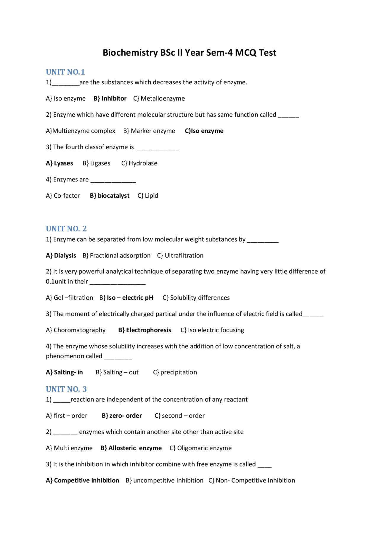 Biochemistry BSc II Year Sem-4 MCQ Test | Study notes Biochemistry ...