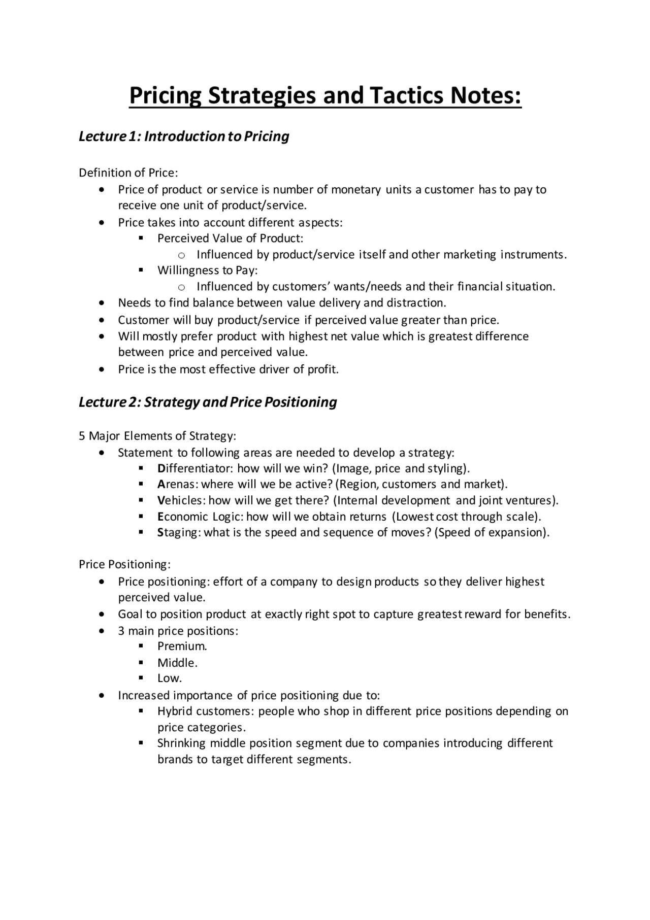 Pricing Strategies and Tactics Notes: | Study notes Dynamics | Docsity