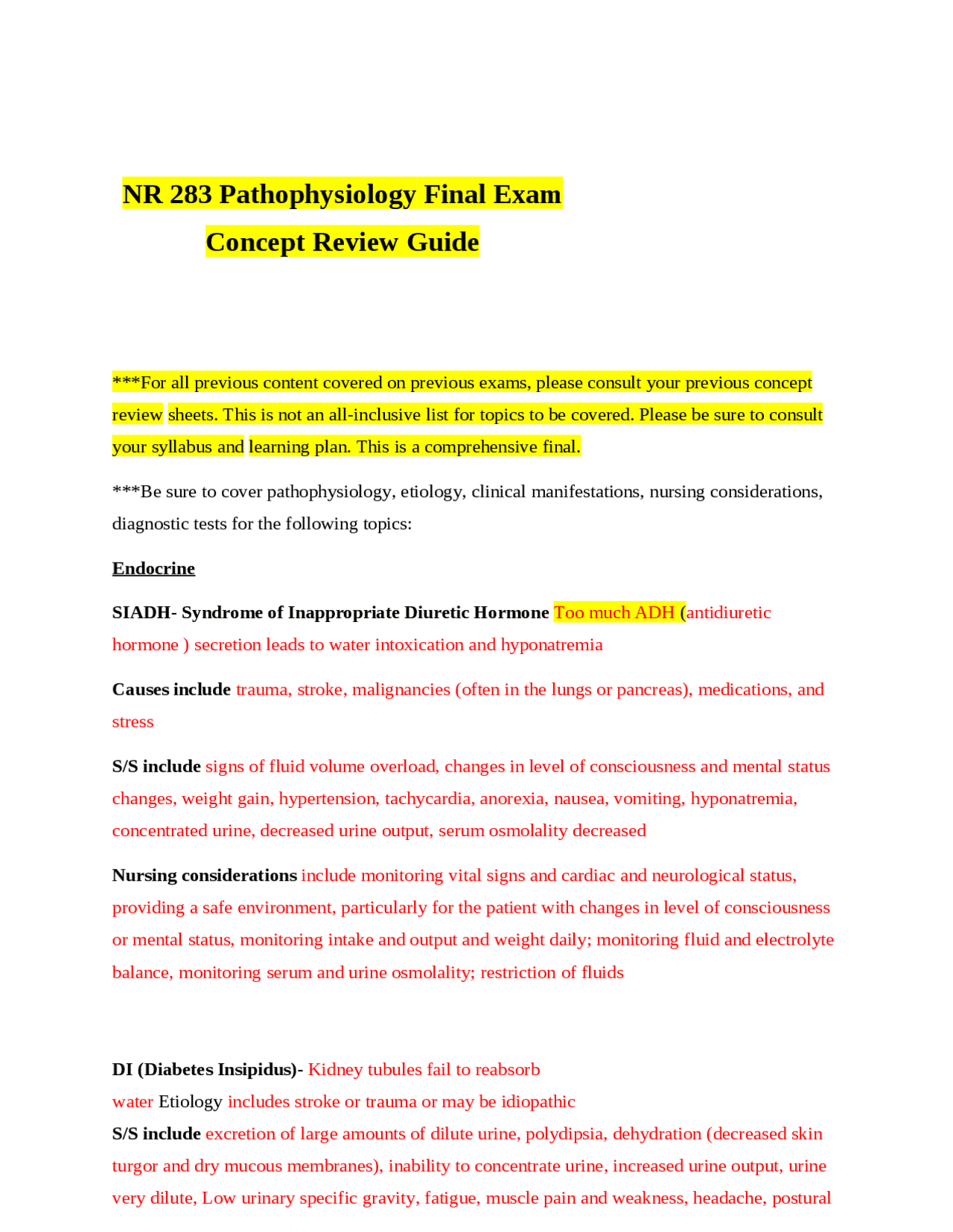 NR 283 Pathophysiology Final Exam Concept Review Guide | Exams Nursing ...