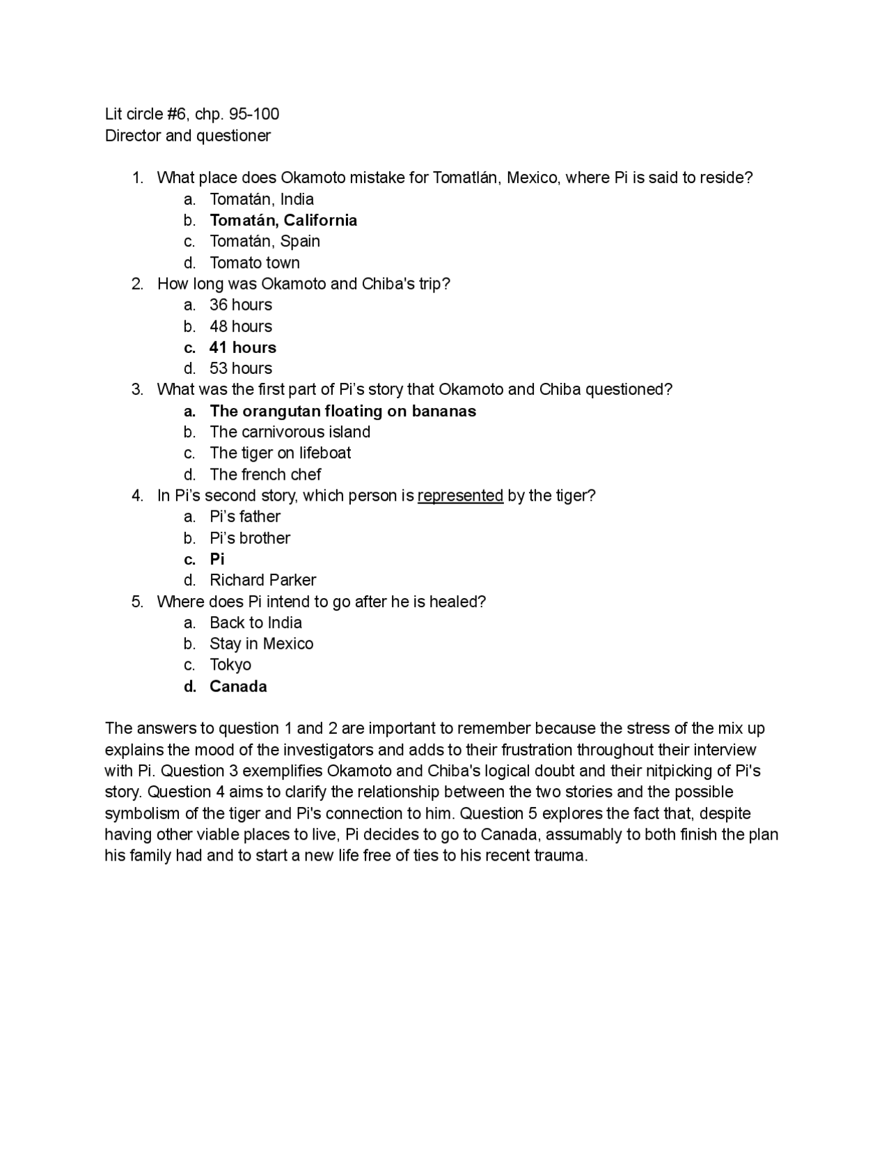 Life Of Pi Lit Circle Notes Summaries English Docsity