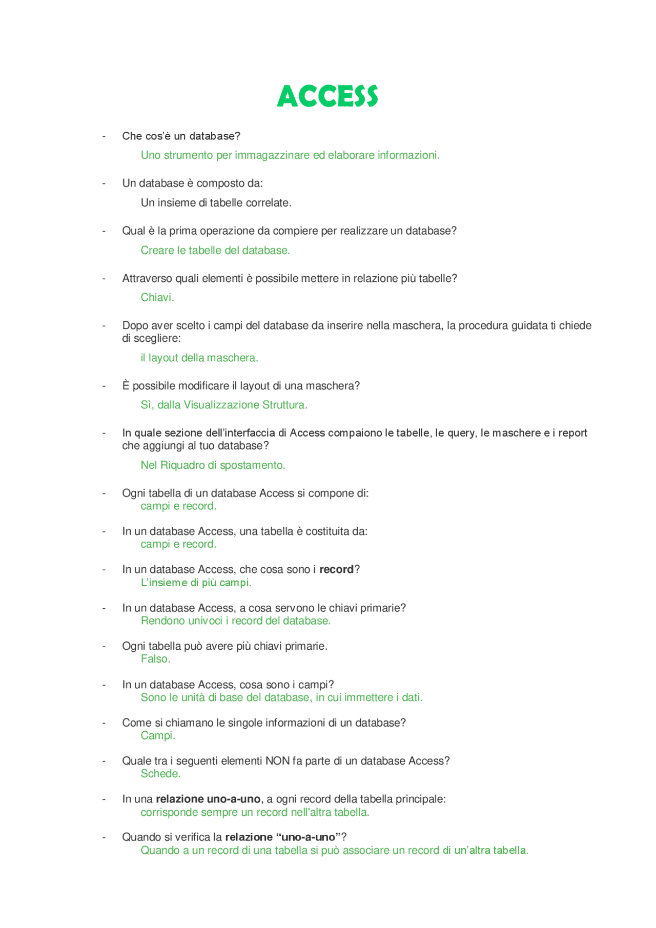 ACCESS - EIPASS PROGRESSIVE | Prove d'esame di Elementi di Informatica | Docsity