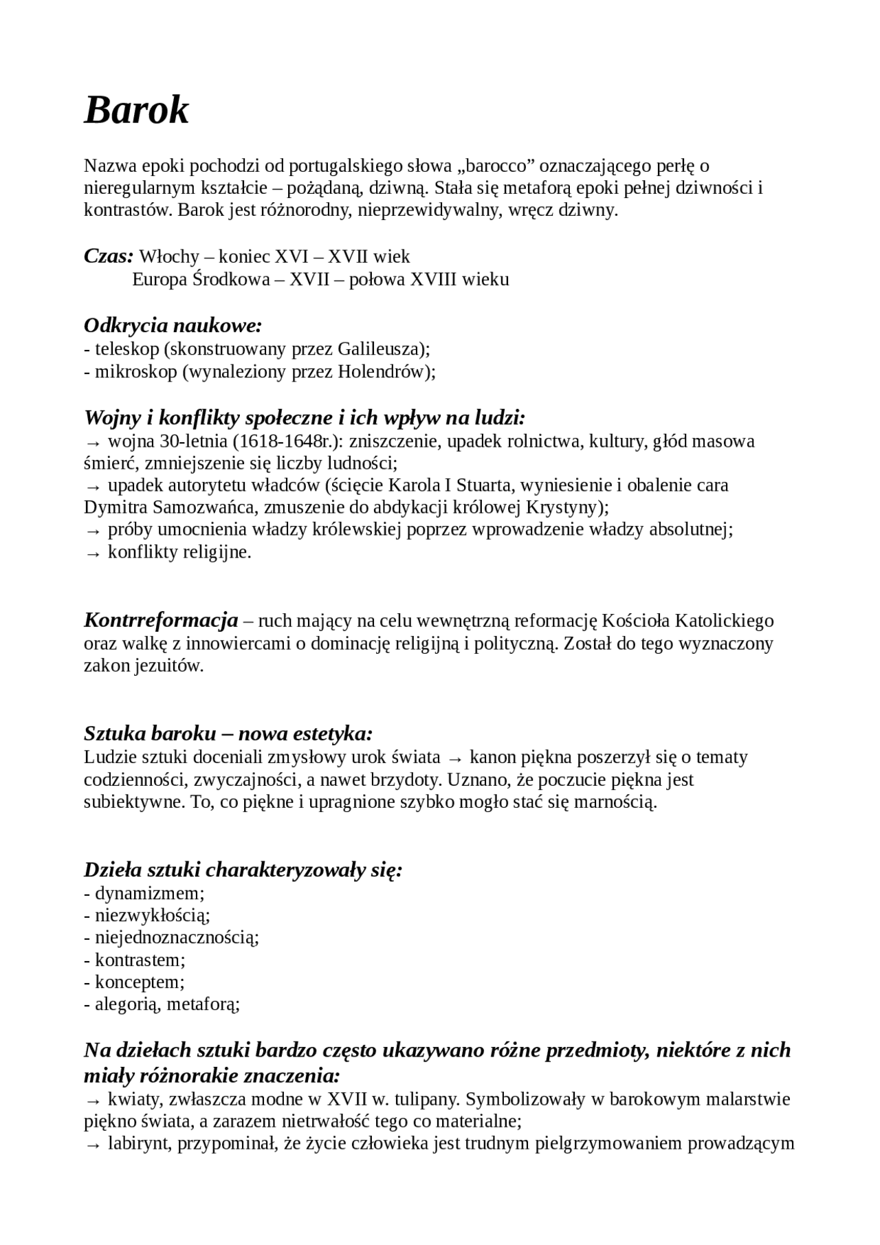 notatka lekcyjna - barok | Notatki Język polski | Docsity
