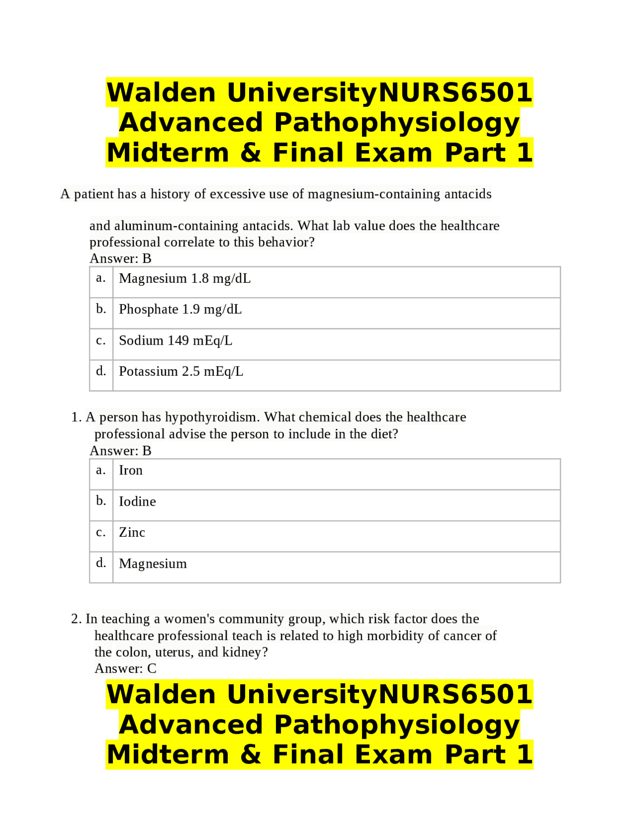 Walden Universitynurs6501 Advanced Pathophysiology Midterm And Final