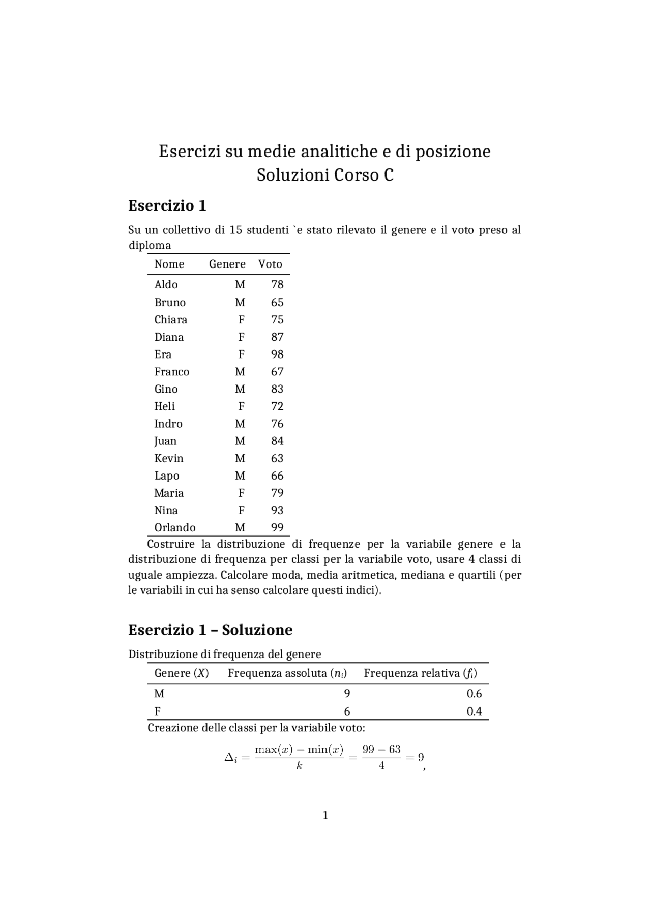 Statistica, esercizi su medie con soluzione | Prove d'esame di Statistica | Docsity
