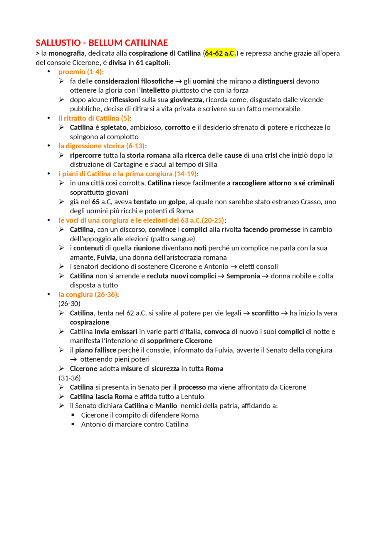 Sallustio Bellum Catilinae Appunti Appunti Di Storia Romana Docsity