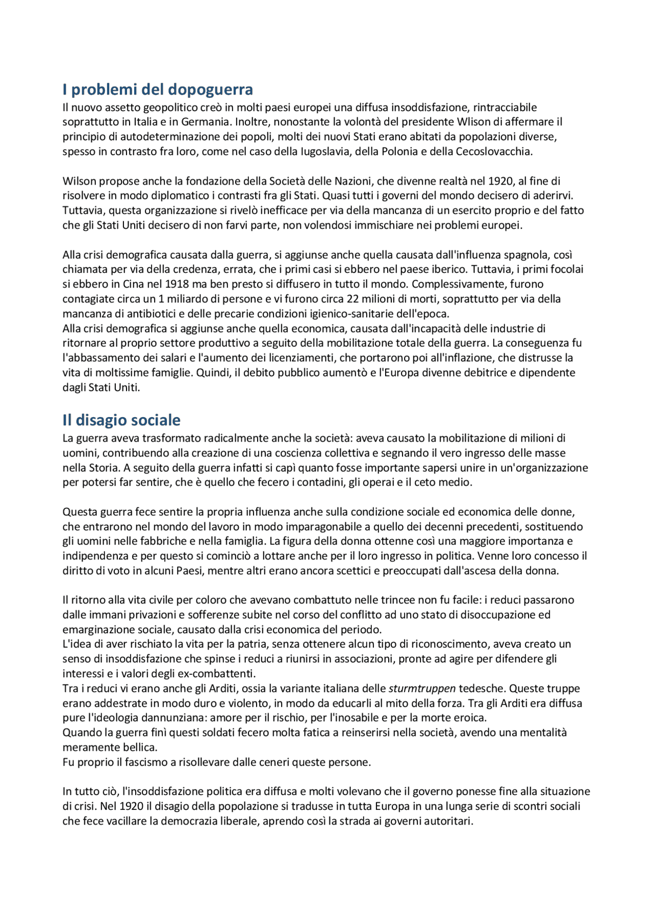 Appunti Sul Primo Dopoguerra Appunti Di Storia Docsity