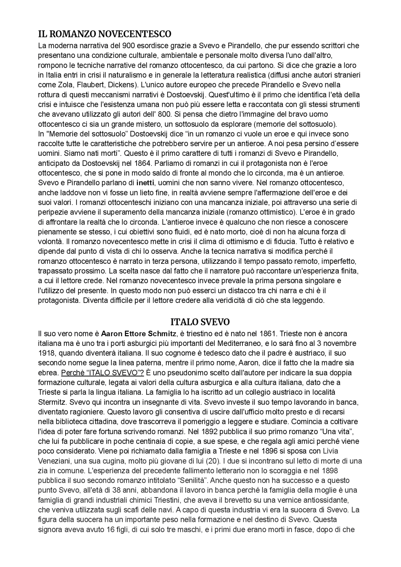 ITALO SVEVO E LUIGI PIRANDELLO | Appunti di Italiano | Docsity