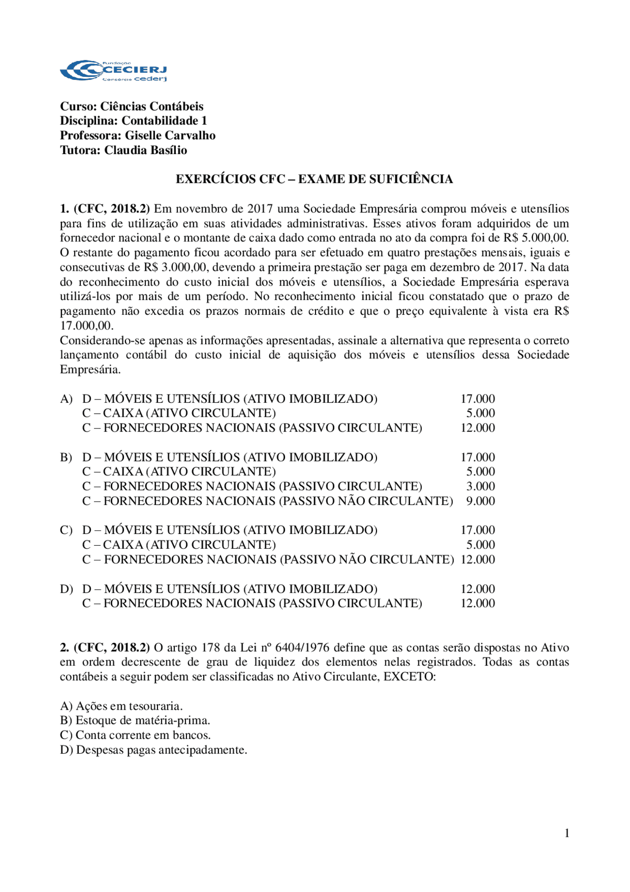 Exercício Resolvido De Contabilidade 1 Exercícios Princípios De