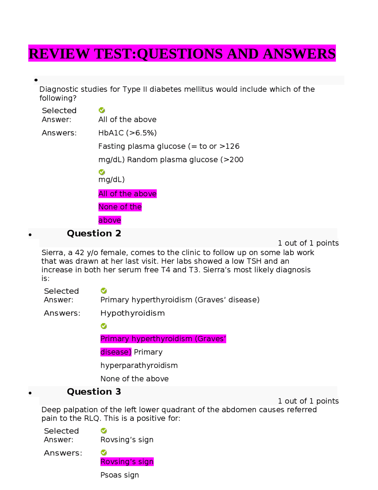 REVIEW TEST:QUESTIONS AND ANSWERS | Exams Nursing | Docsity