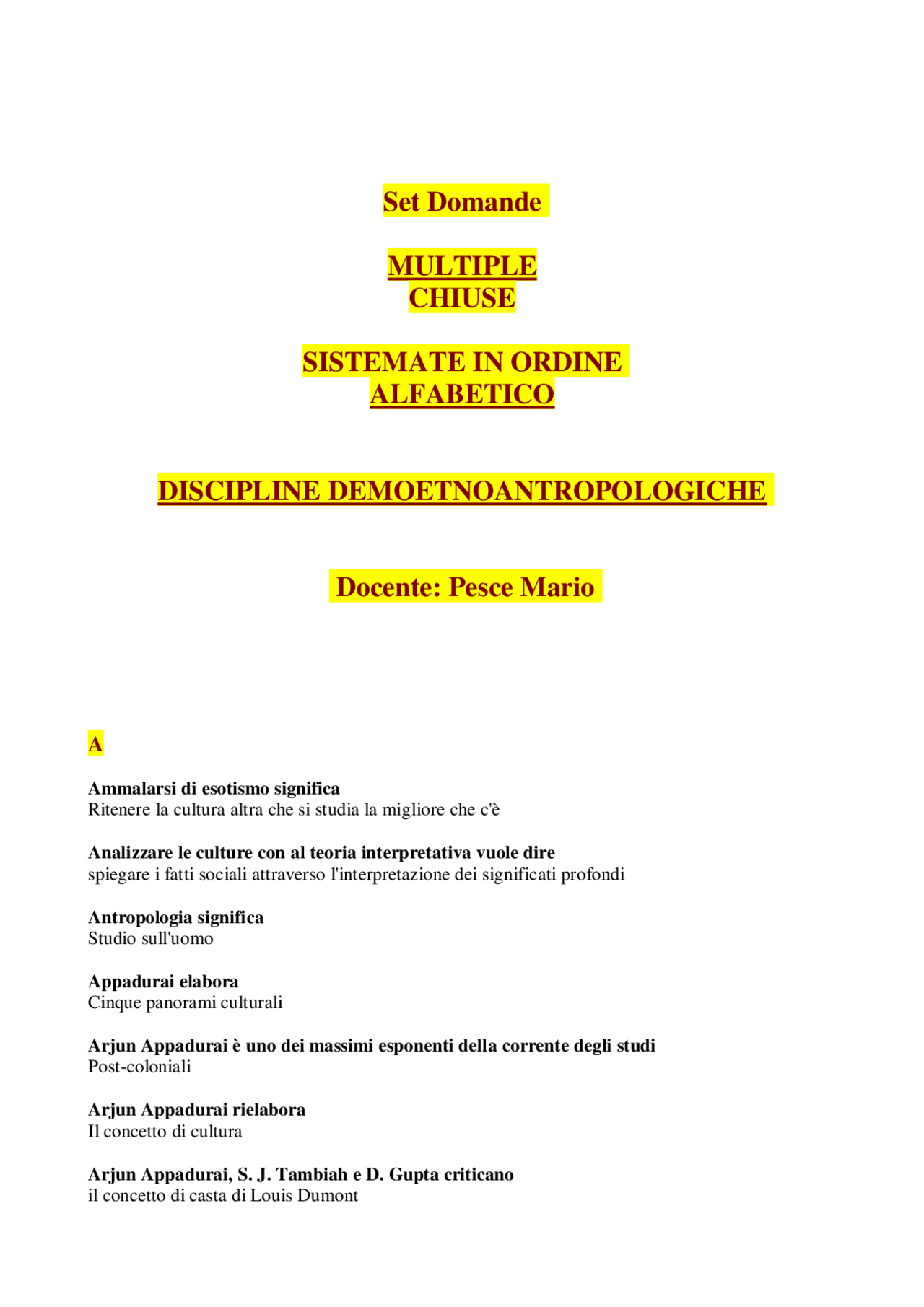 Discipline Demoetnoantropologiche Domande Multiple In Ordine Alfabetico