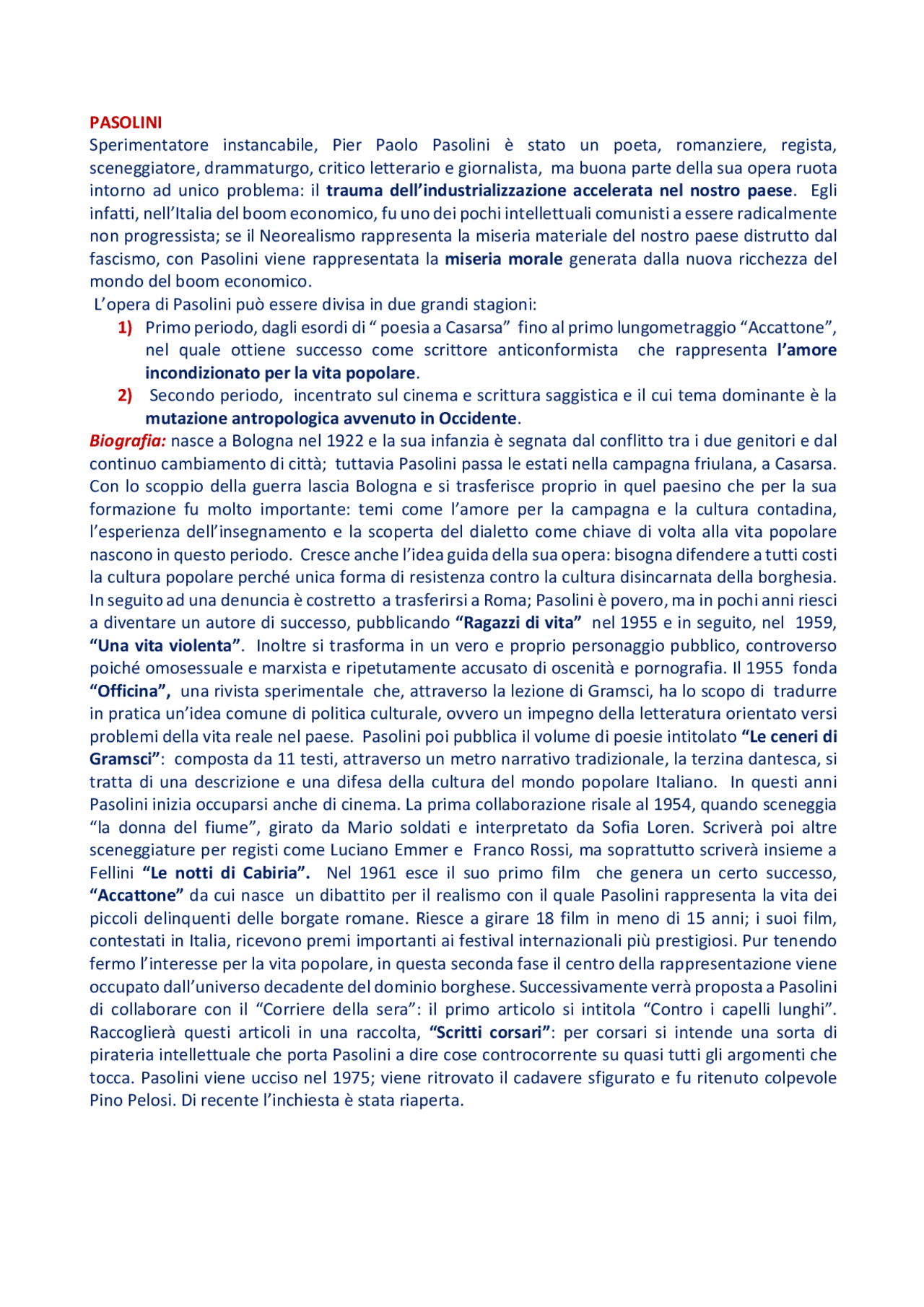 Pier Paolo Pasolini: vita, personaggio e cinema | Appunti di Italiano | Docsity