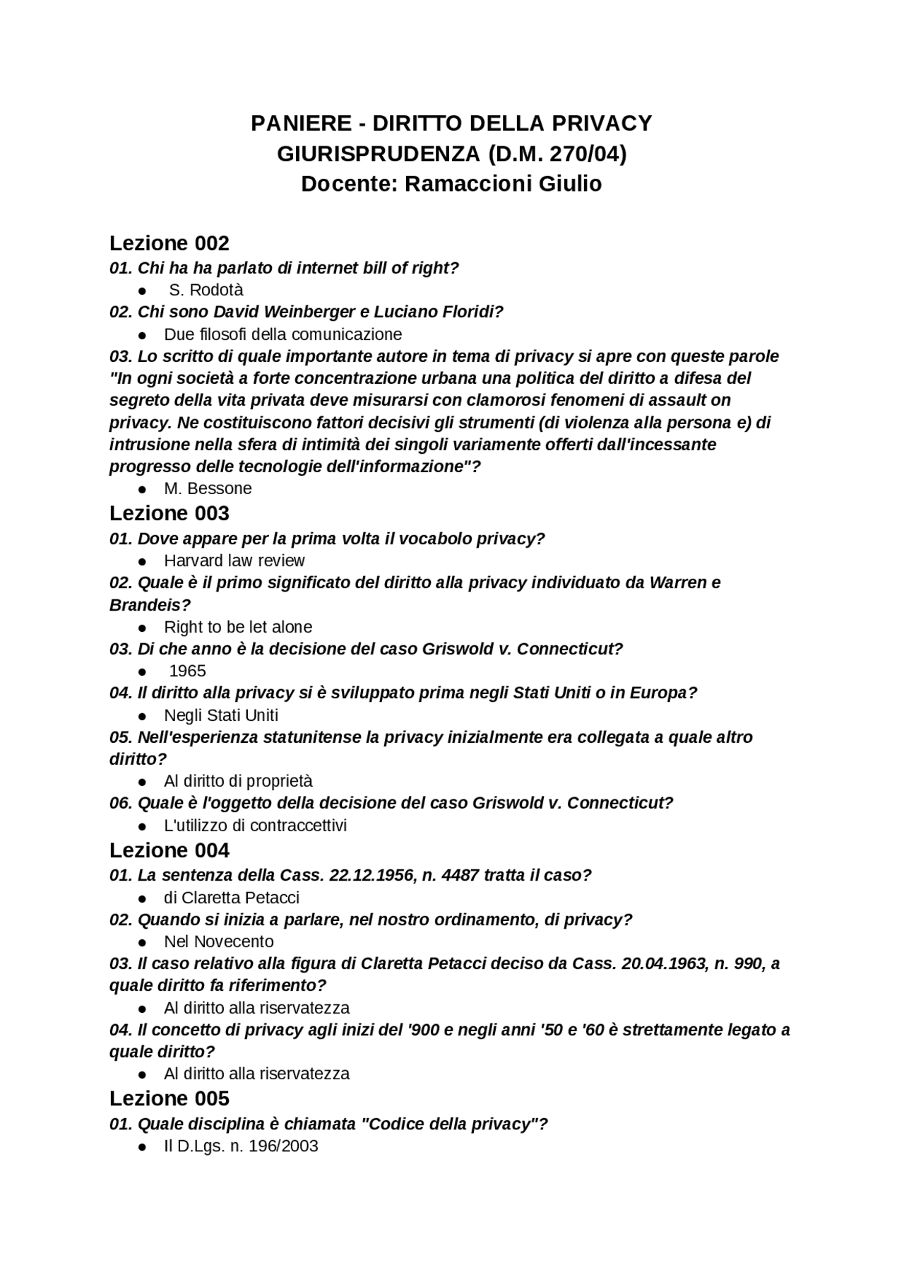 Paniere risposte multiple - Diritto della Privacy | Panieri di Diritto | Docsity