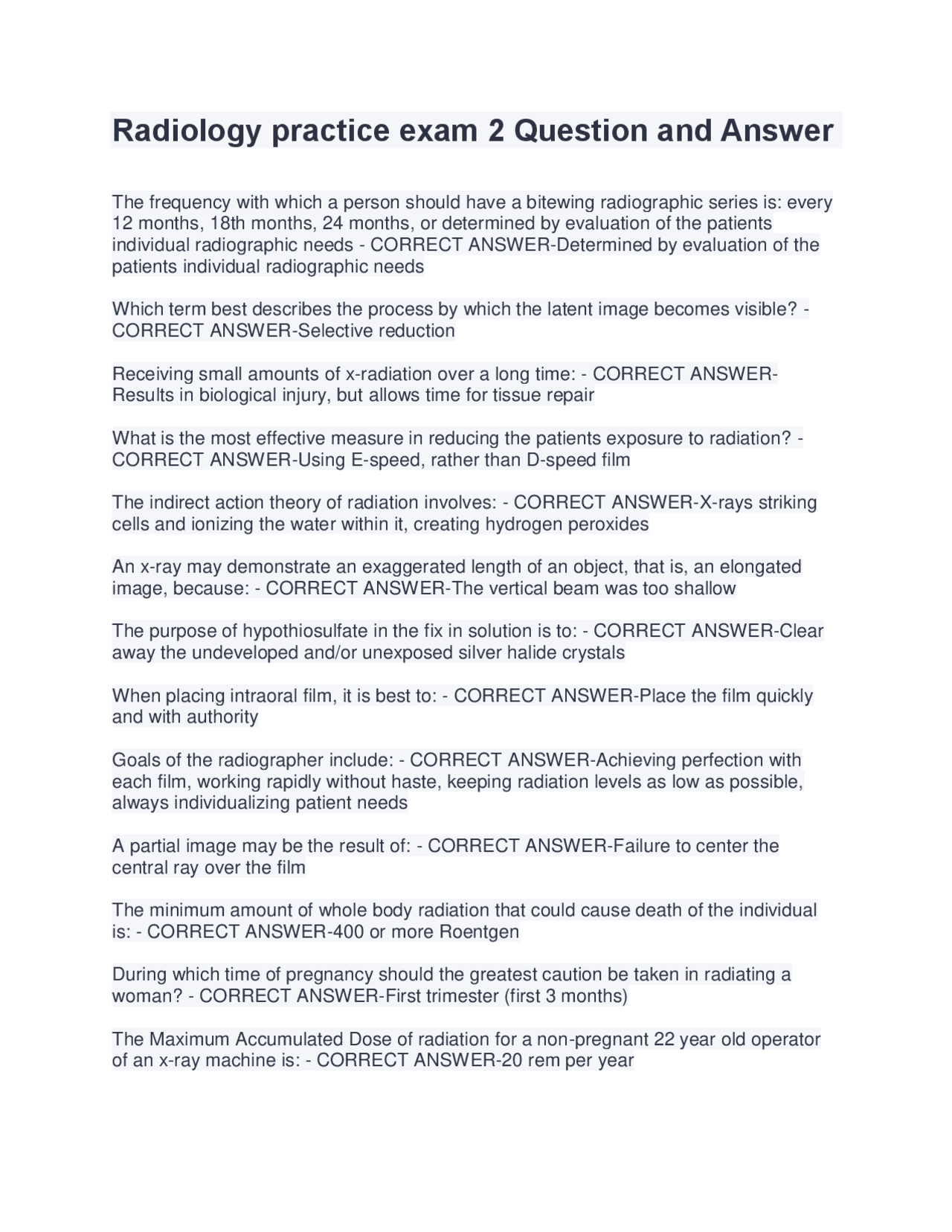 Radiology practice exam 2 Question and Answer | Exams Nursing | Docsity