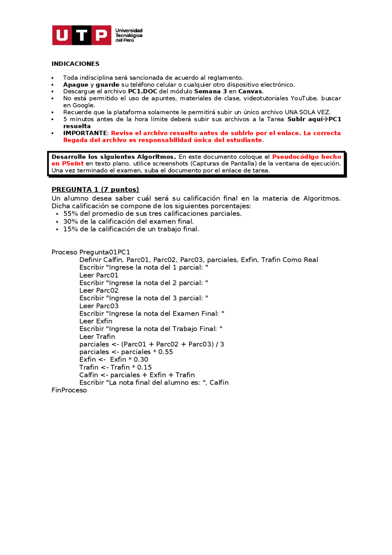 Practica Calificada 01 Exámenes De Diseño De Algoritmos Docsity