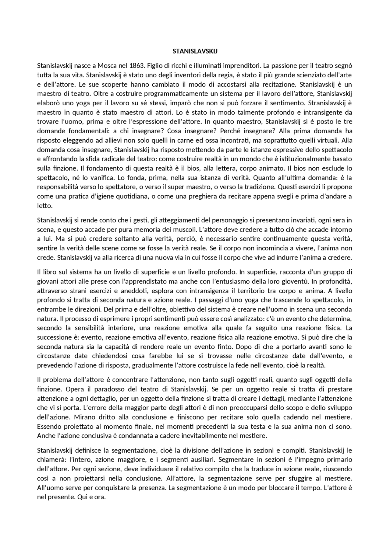Dispensa Su Stanislavskij Riassunto Pt1 Schemi E Mappe Concettuali Di