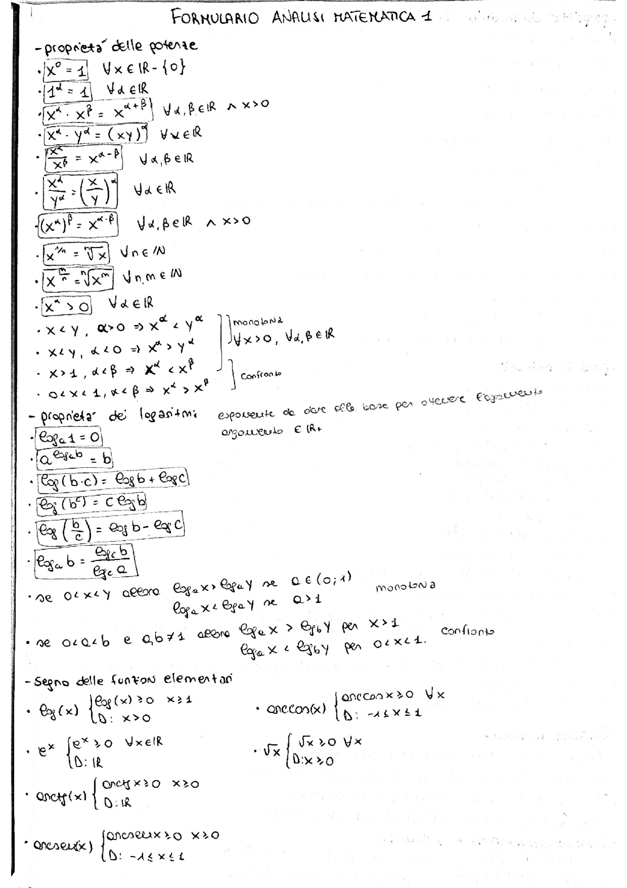 Formulario di Analisi Matematica 1 | Formulari di Analisi Matematica I ...
