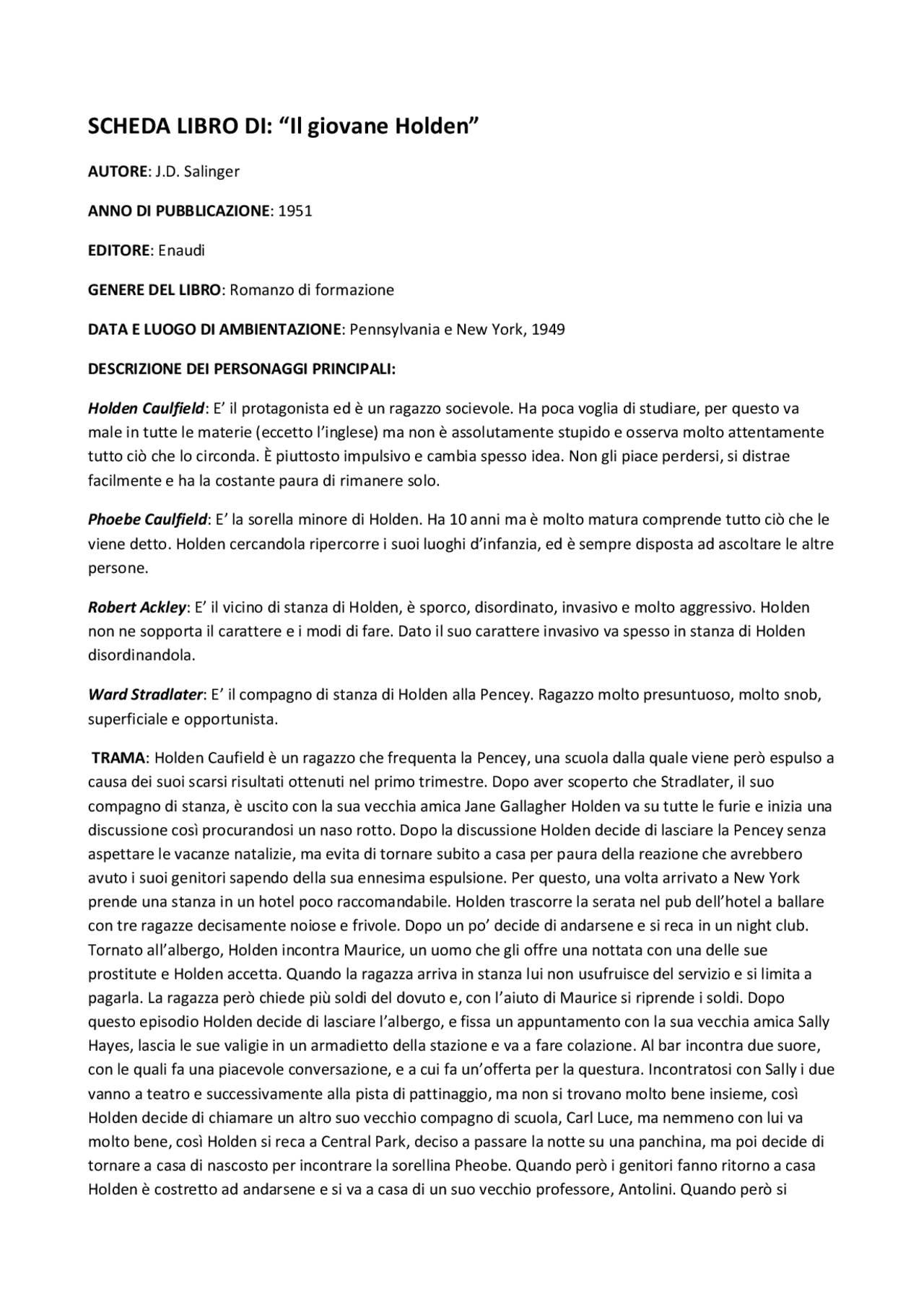 Il giovane Holden-scheda libro | Appunti di Italiano | Docsity