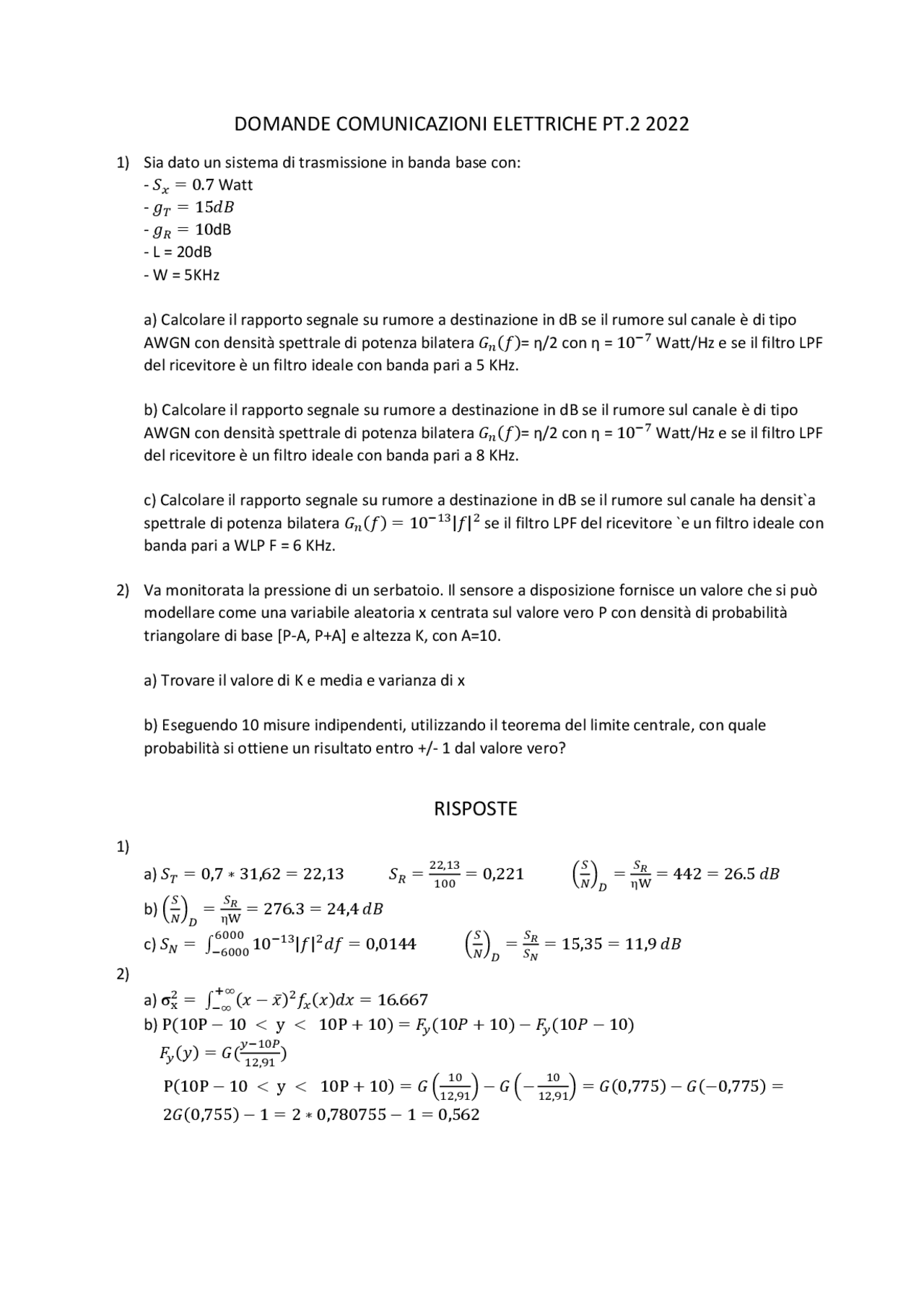 Domande E Risposte Desame Comunicazioni Elettriche 2022 Pt2 Prove D