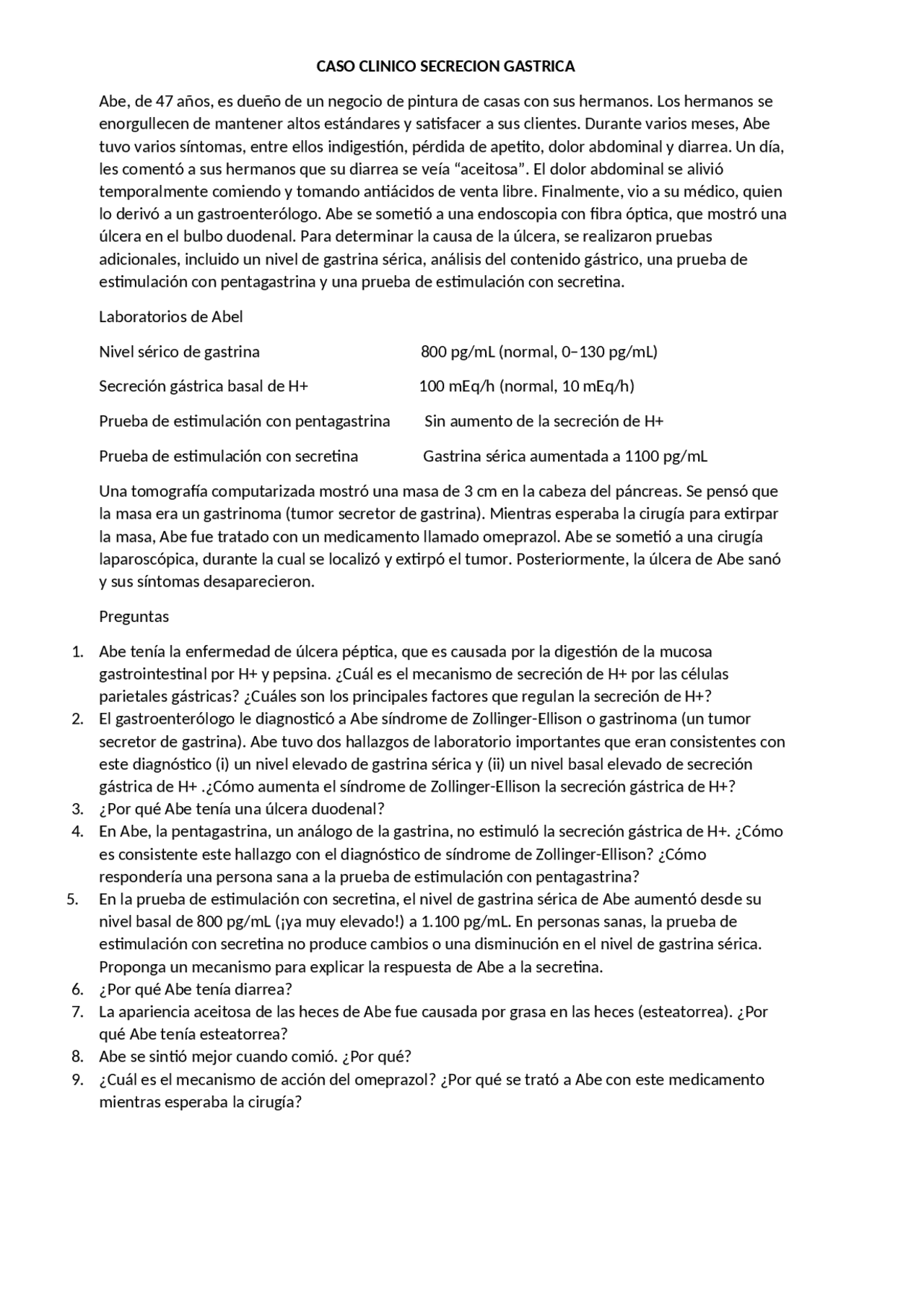 Caso Clinico Secrecion Gastrica Ejercicios De Fisiología Humana Docsity