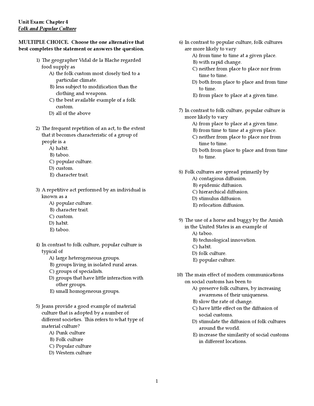 Unit Exam: Chapter 4 Folk and Popular Culture MULTIPLE ... | Lecture ...
