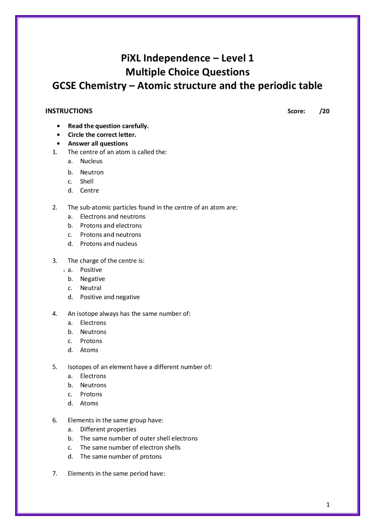 Level 1 Multiple Choice Questions GCSE Chemistry – Atomic ... | Schemes ...