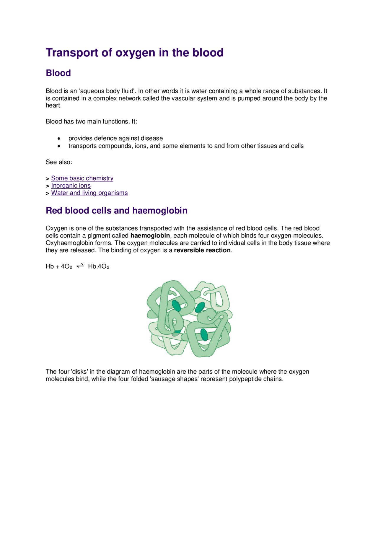 Transport of oxygen in the blood | Lecture notes Chemistry | Docsity