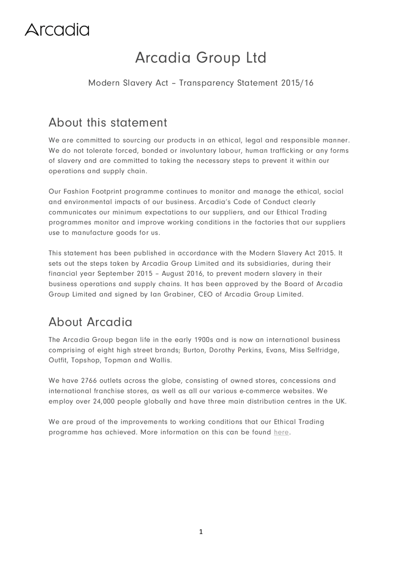 Arcadia Group Ltd Lecture Notes Business Docsity