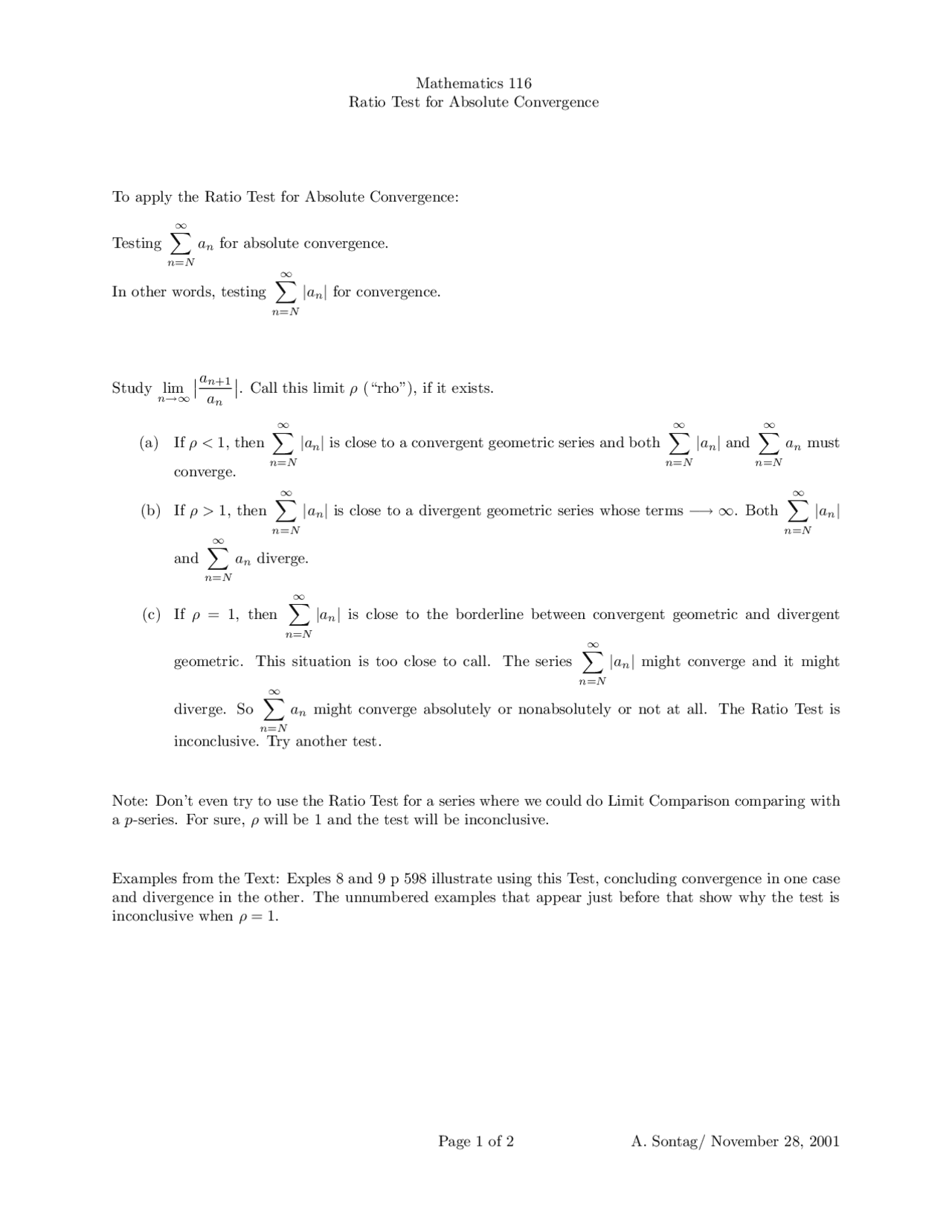 Mathematics 116 Ratio Test for Absolute Convergence | Slides ...