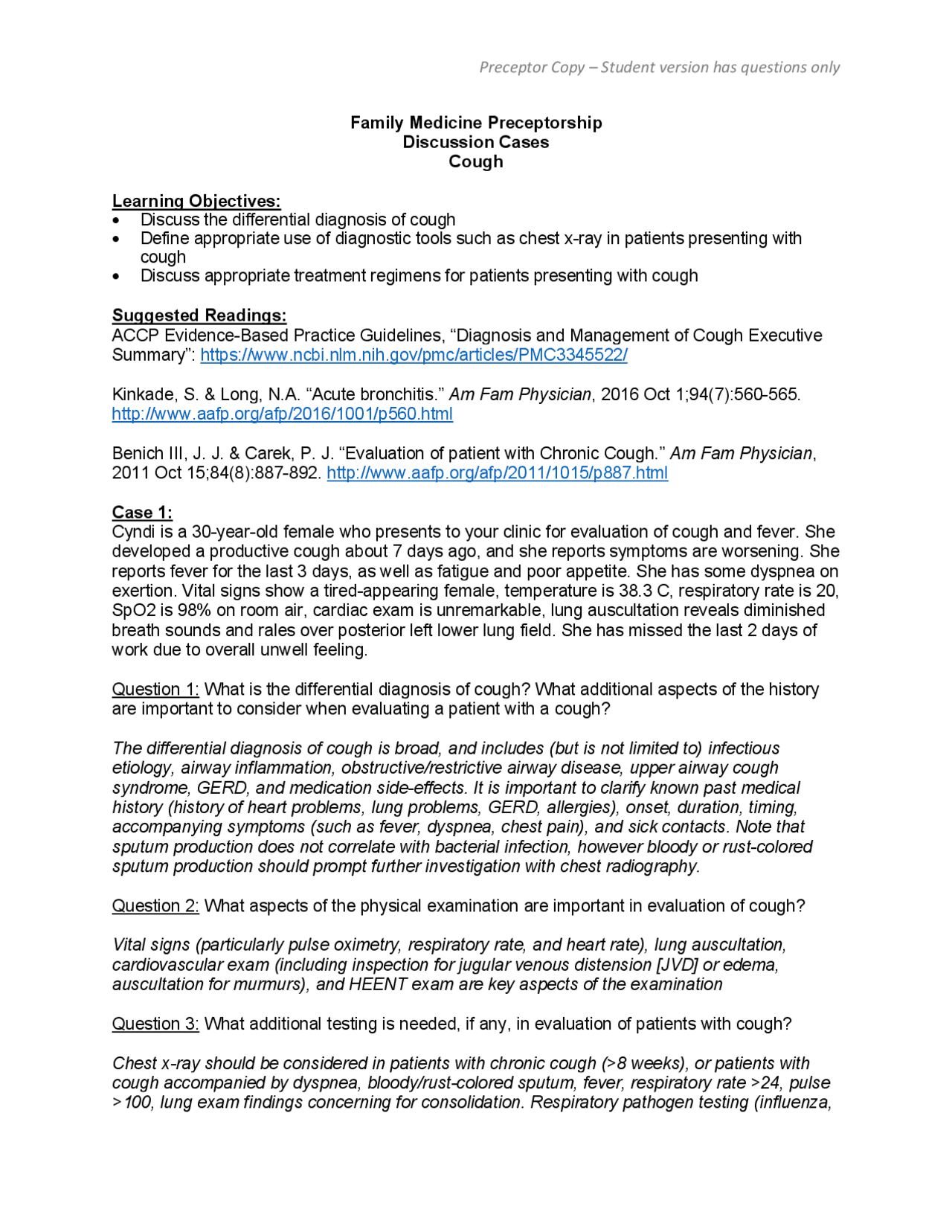 Family Medicine Preceptorship Discussion Cases Cough | Study notes ...