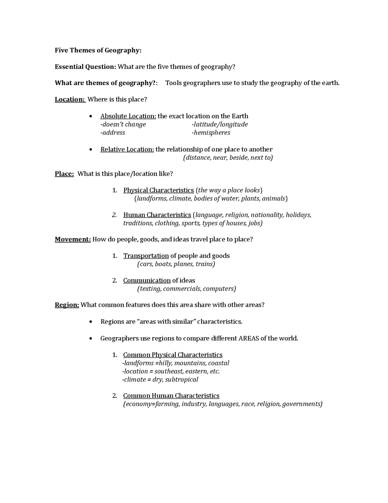 Five Themes Of Geography Essential Question Exams Geography Docsity