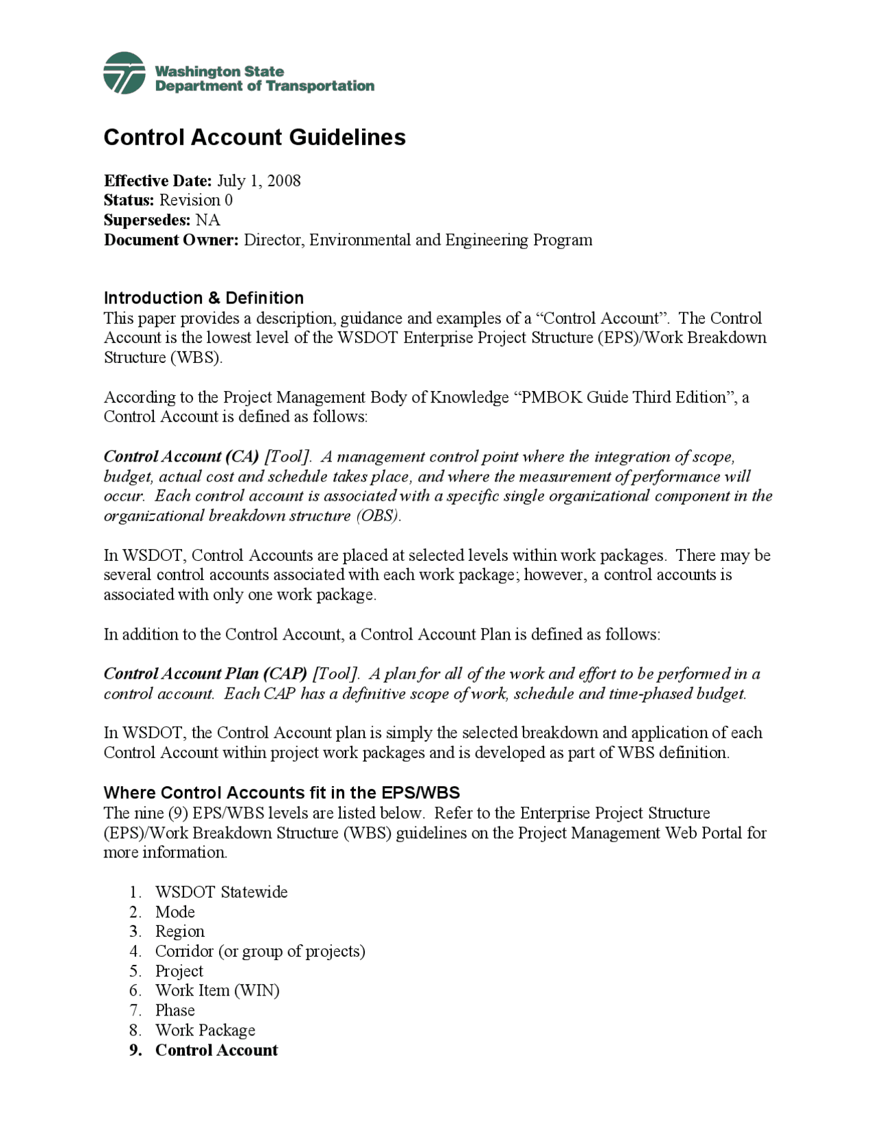 Control Account Guidelines | Exams Project Management | Docsity